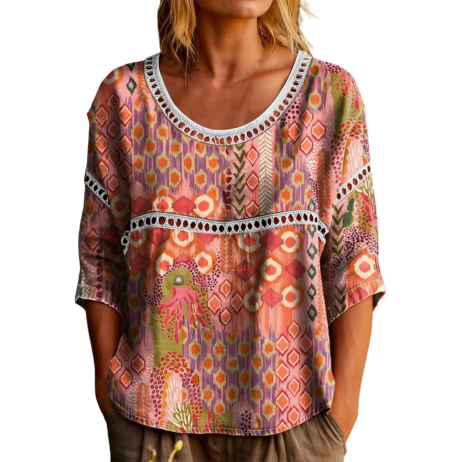 Shirts Blouses for Women Tie Waist Three Quarter Boat Neck Elegant ...
