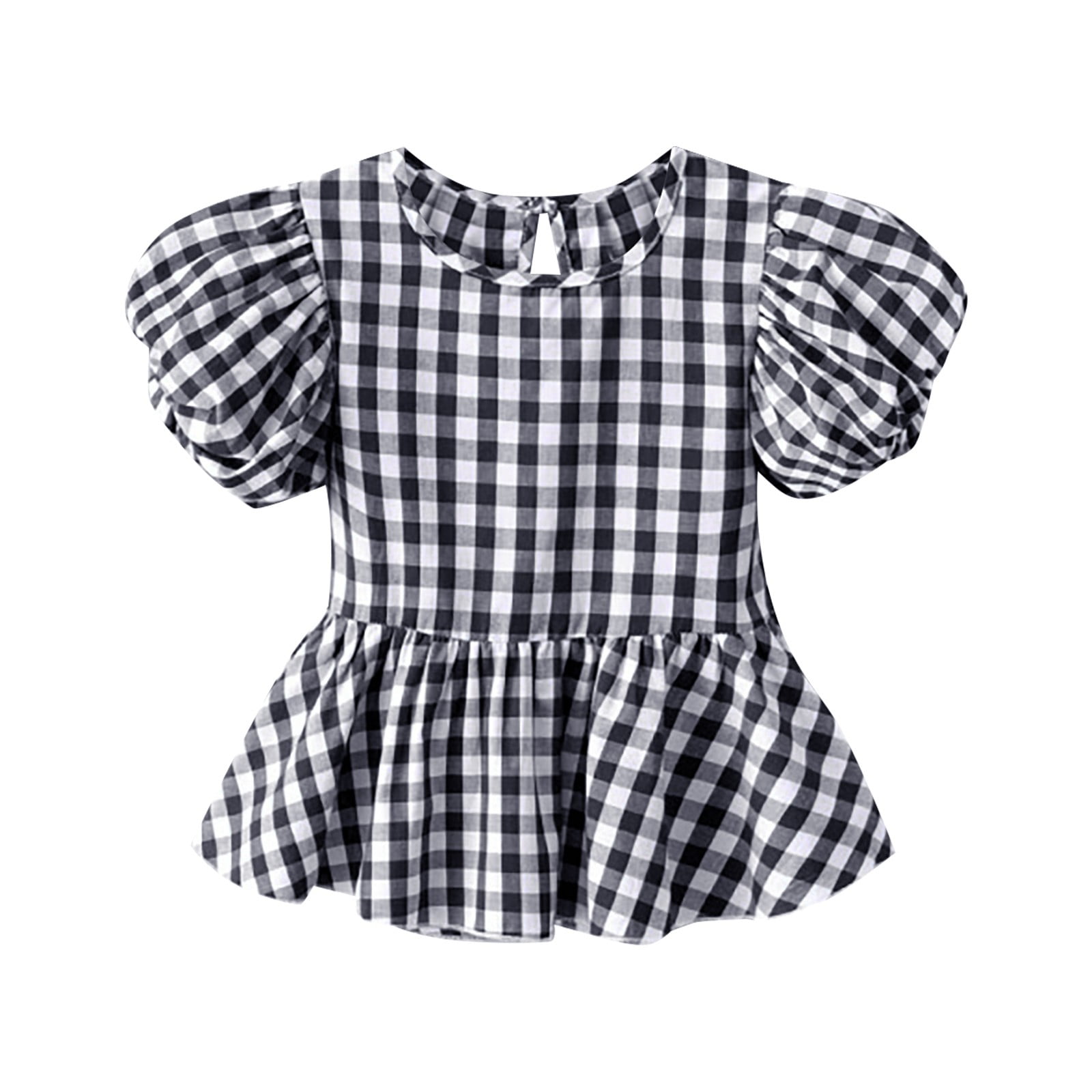 Shirts For Kids Girls Summer Plaid Print Short Puff Sleeve Pleated Crew ...
