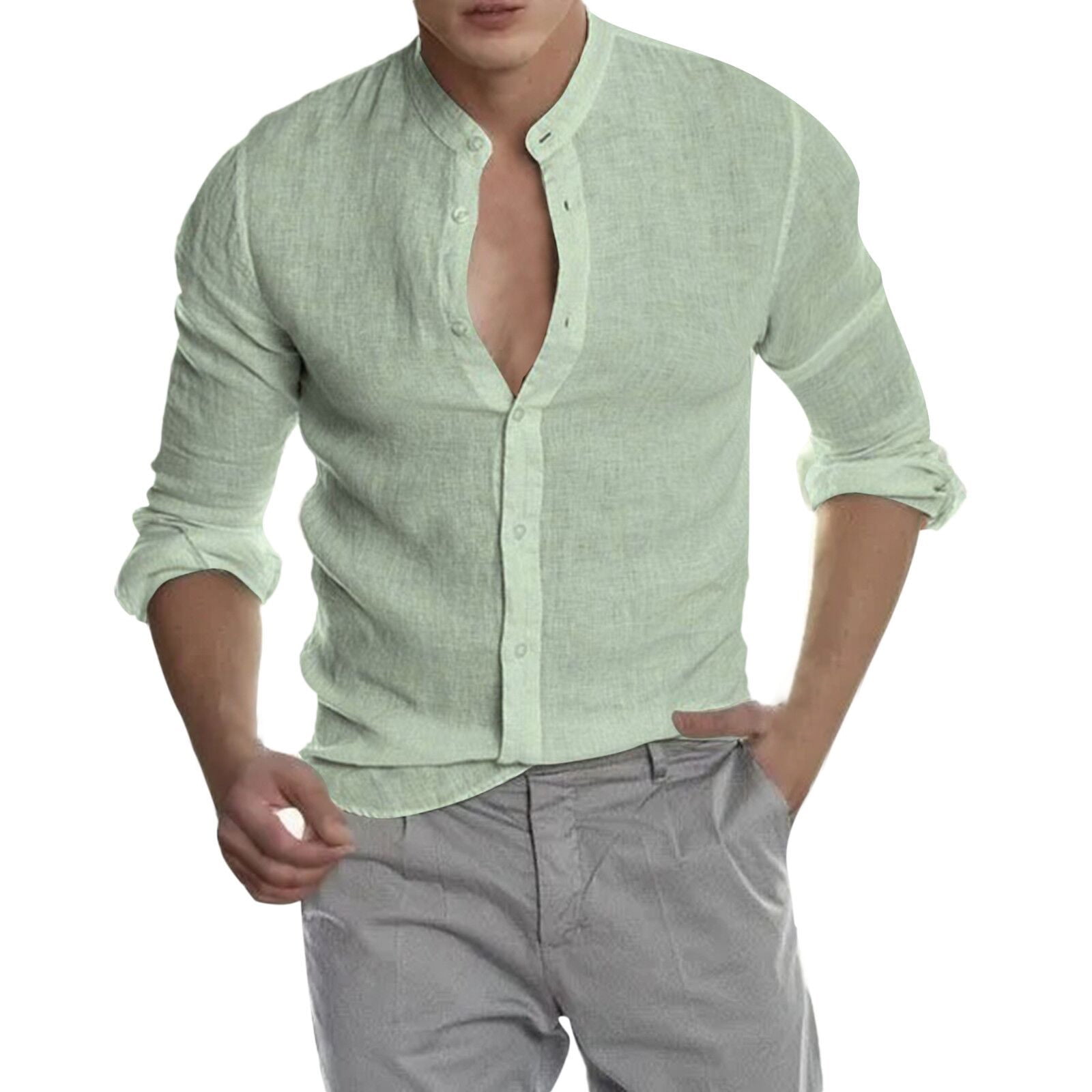 Shirts For Men Mens Casual Fashion Solid Color Stand Collar Long Sleeve