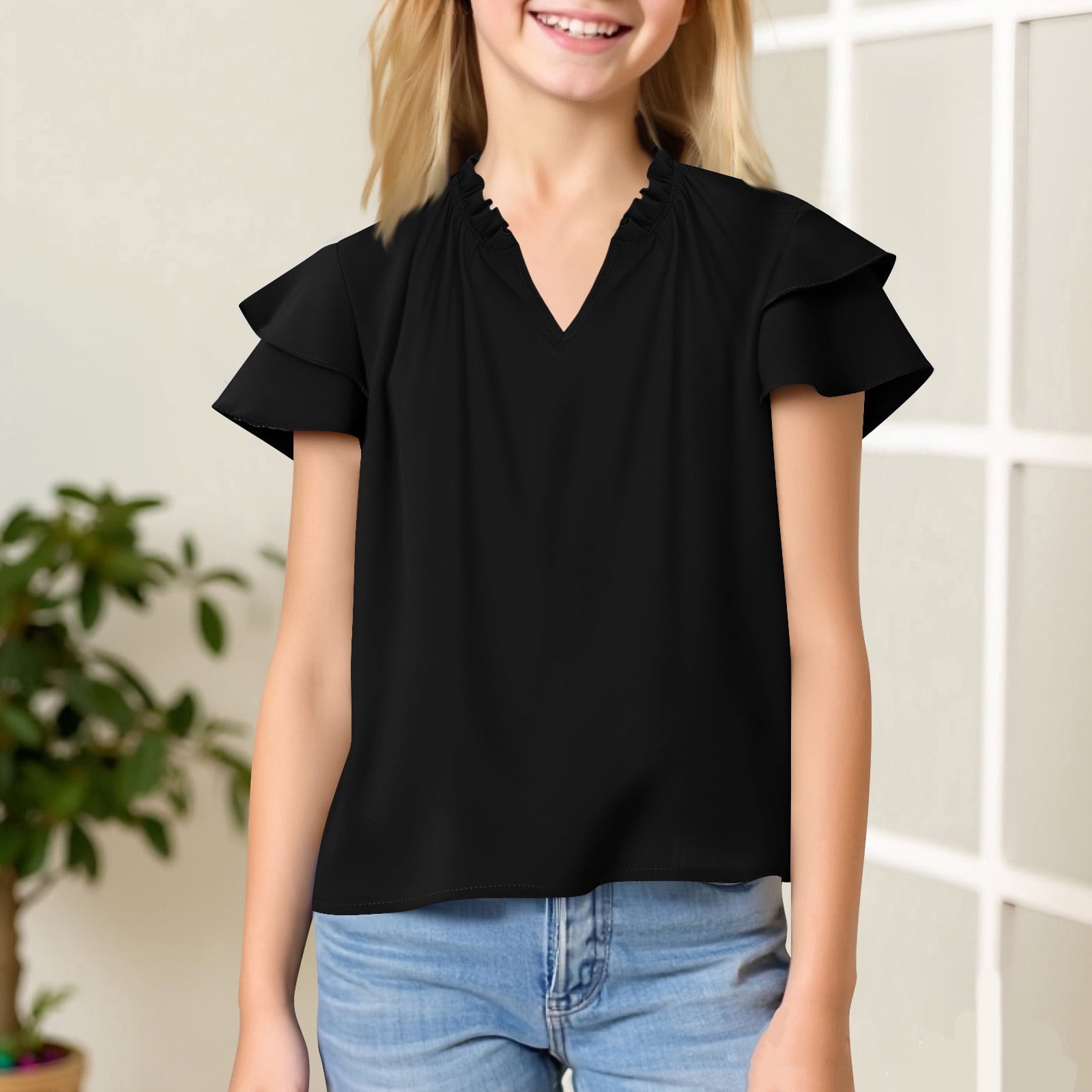 Summer Saving Clerance Girls Shirts Size 5-14 Years Ruffle Short Sleeve ...