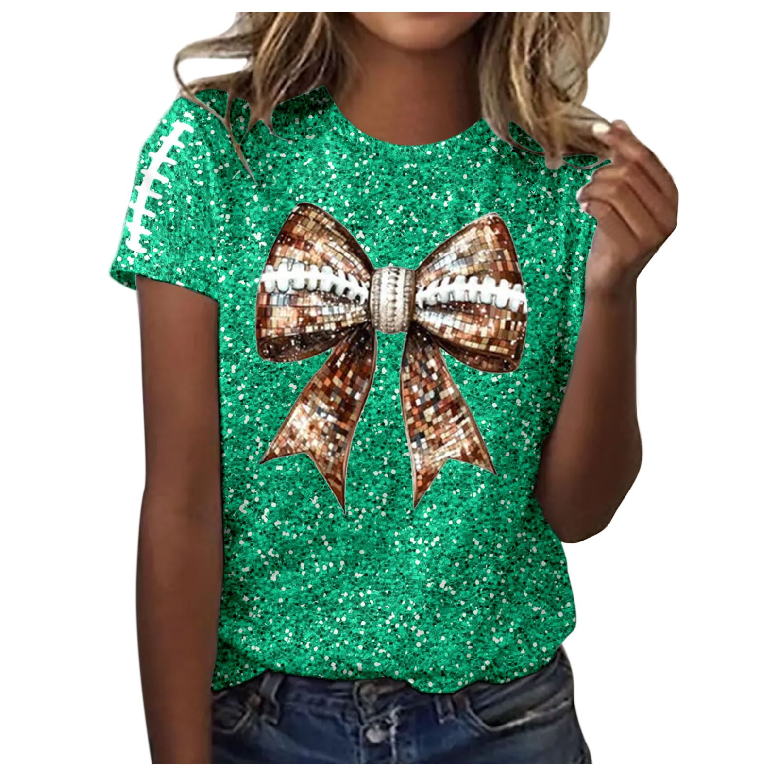 Shirts For Women Tees Tops Bow Sequin Print Glitter Short Sleeve Crew ...