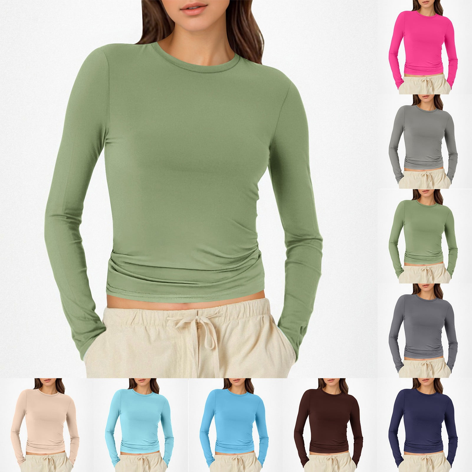 Shirts For Women Tees Tops Solid Basic Long Sleeve Cropped Tight Yoga ...