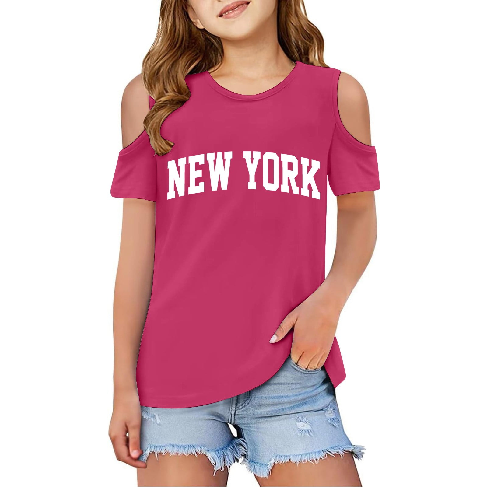 Shirts for Girls Cold Shoulder Letter Print Short Sleeve Shirts for ...