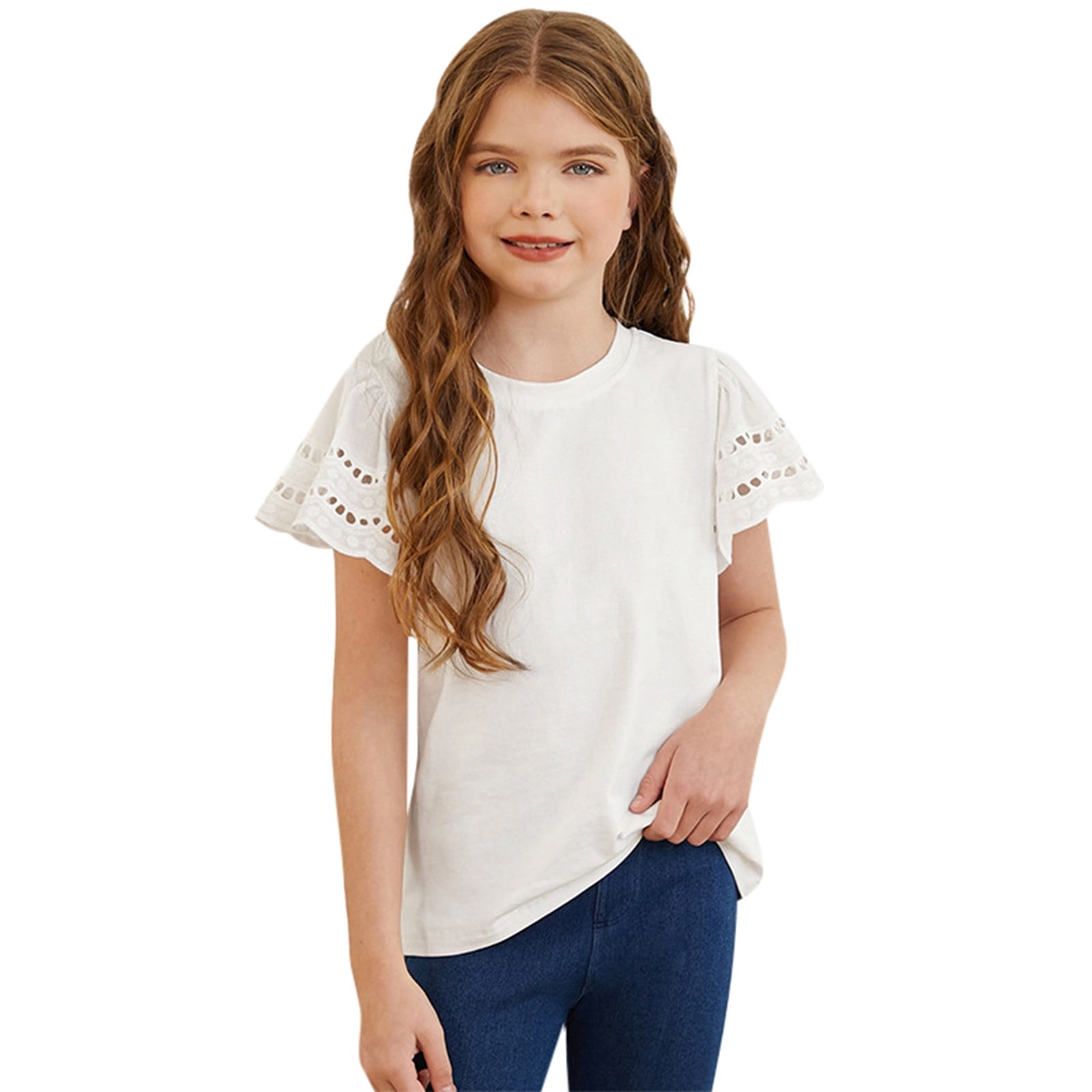 Shirts Girls European Lace Crochet Hollowed Out Flanged Short Sleeved T ...