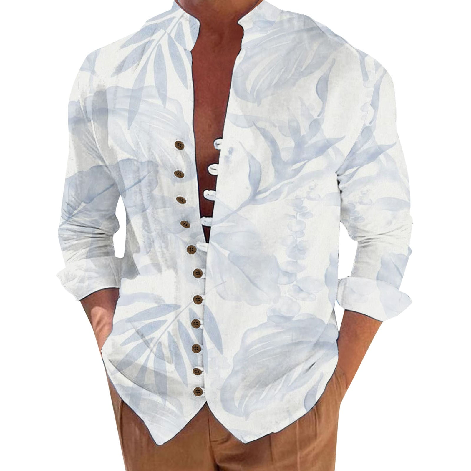 Shirts Men Male Seaside Button Stand Digital 3D Printed Shirt Long ...