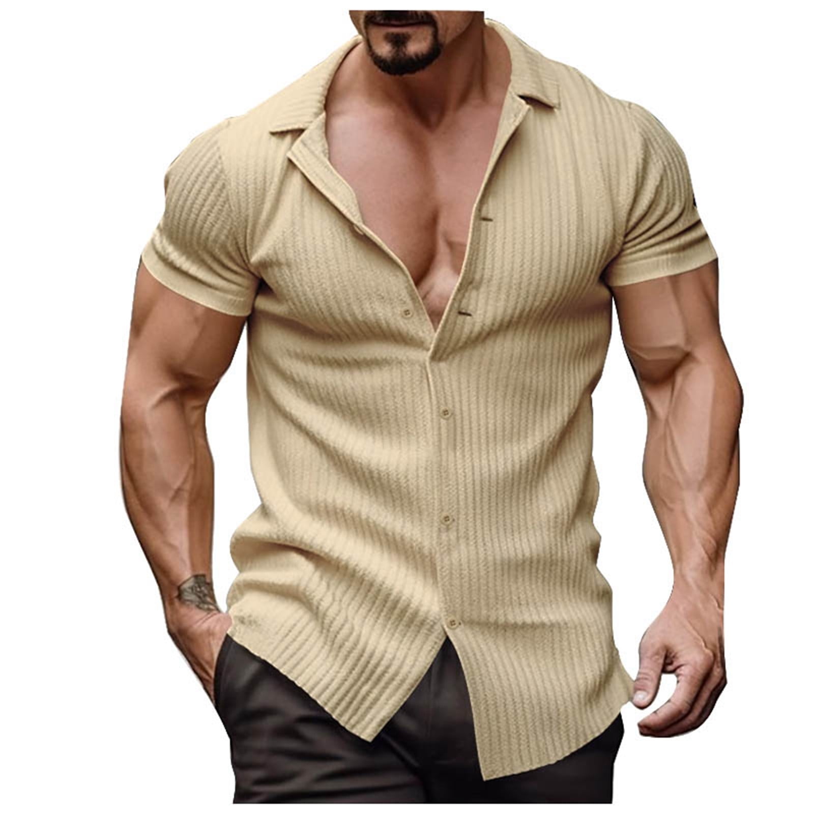 Shirts Men Male Shirt Slim Vertical Strip Short Sleeve Summer Casual ...