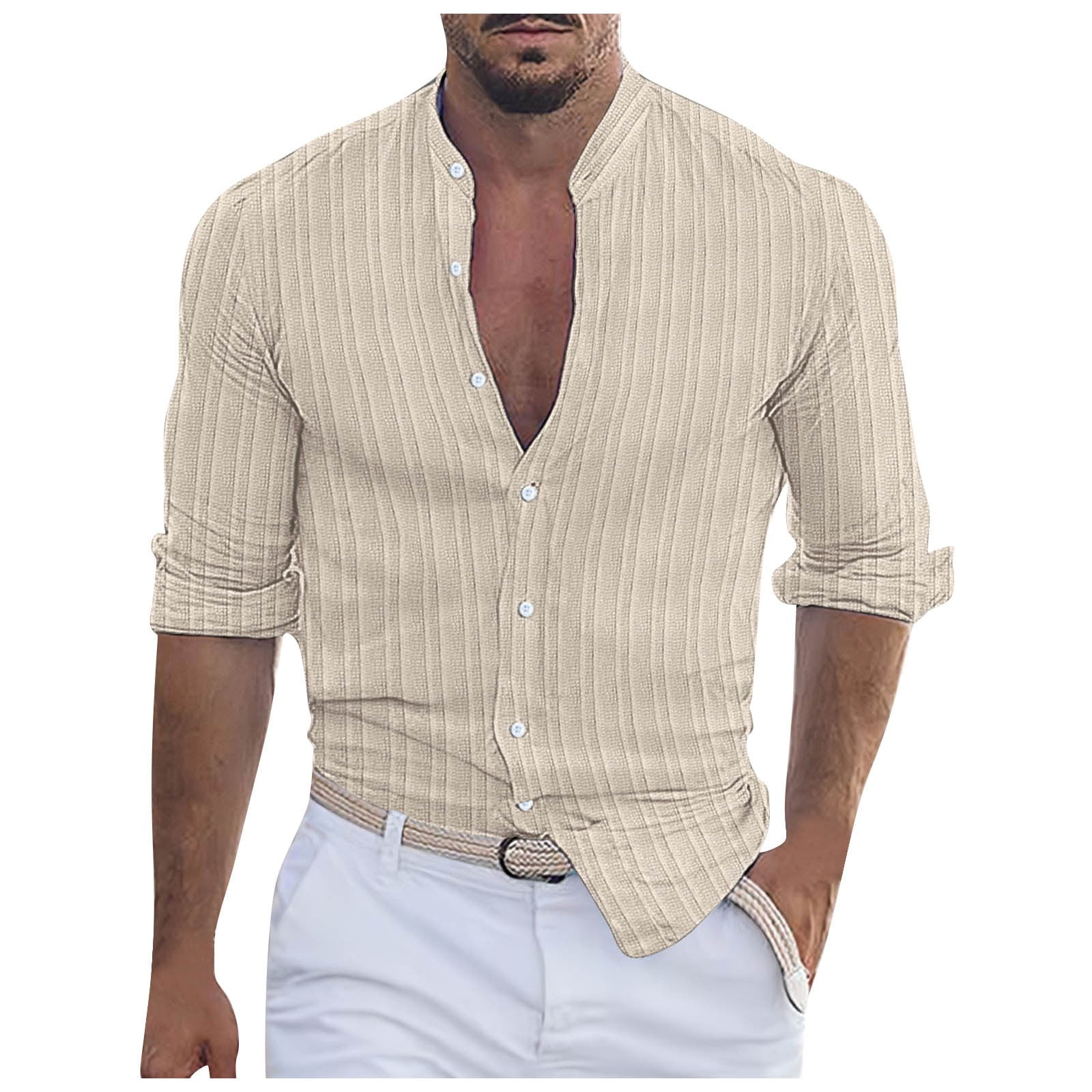 Shirts Men Male Solid Color Cotton Linen Striped Jacquard European ...