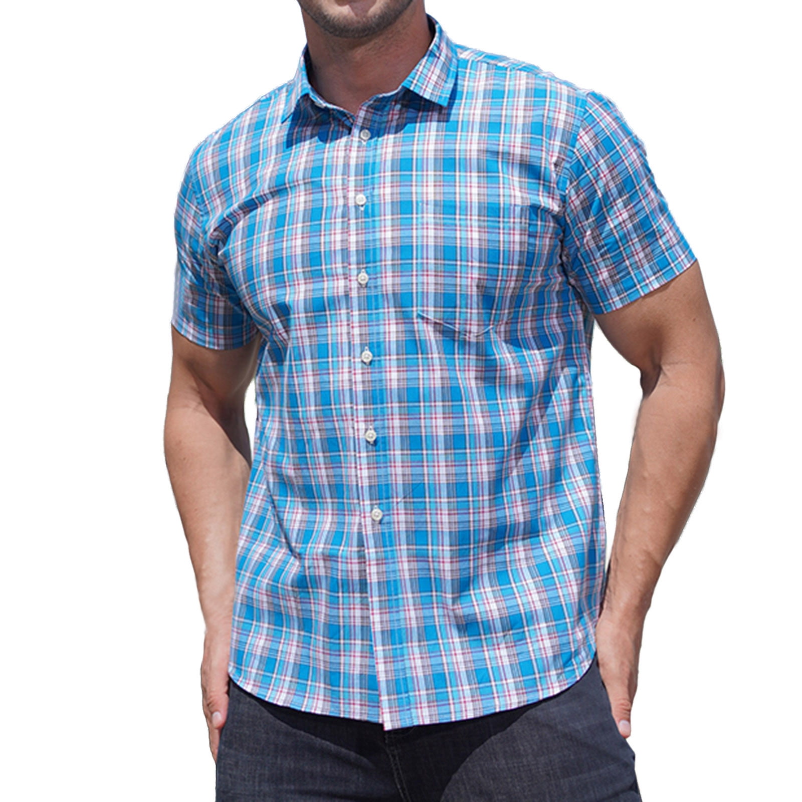 Wo-Fusoul Mens Shorts Men's Plus Size Plaid Short Sleeve Lapel Collar ...