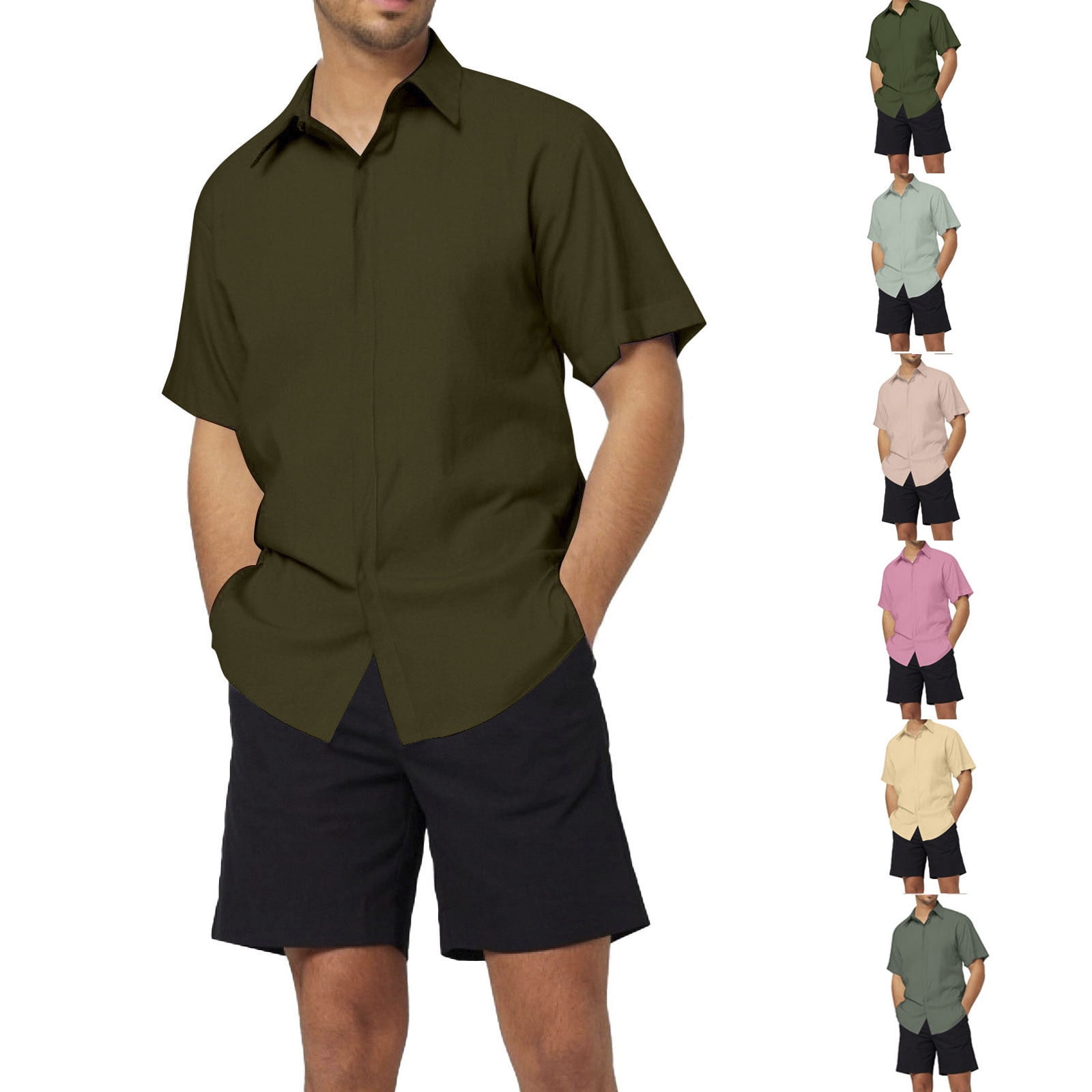 Shirts Men Plus Size Casual Short Sleeve Shirt Pure Color Button Down ...