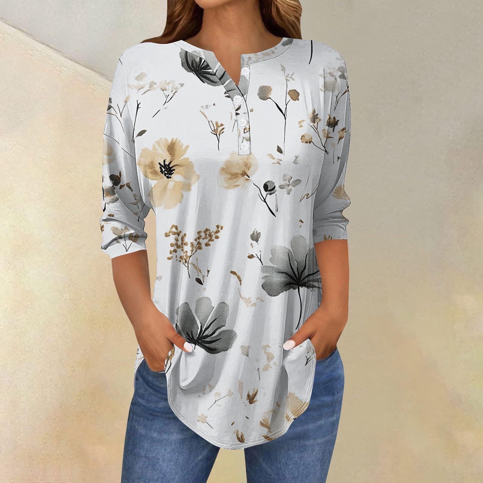 Shirts for Women under $10 3/4 Sleeved Button Round Neck Printing Blouses for Women Summer Tops ...