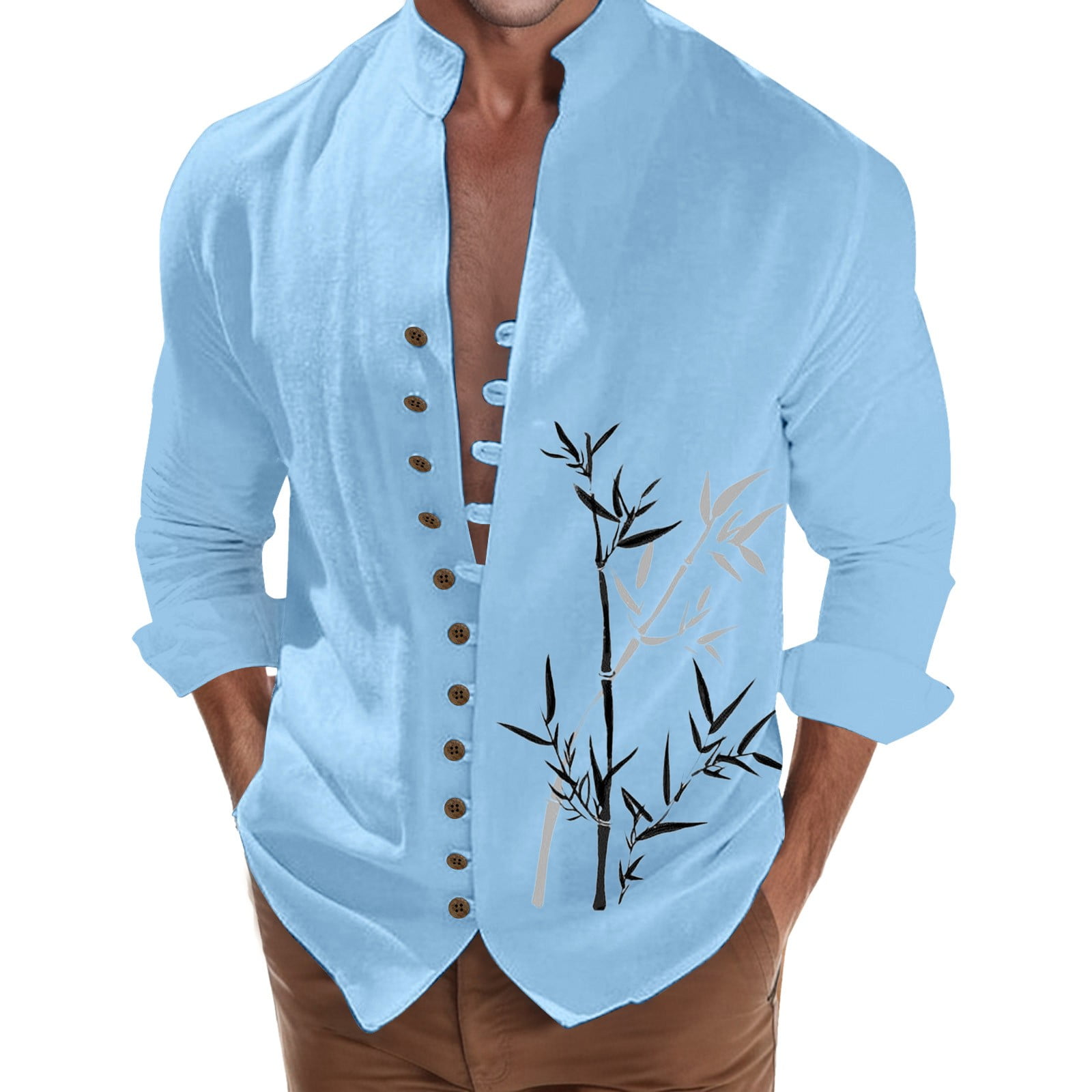 Shirts for Men Holiday Seaside Leisure Loose Button Stand Printed Long ...