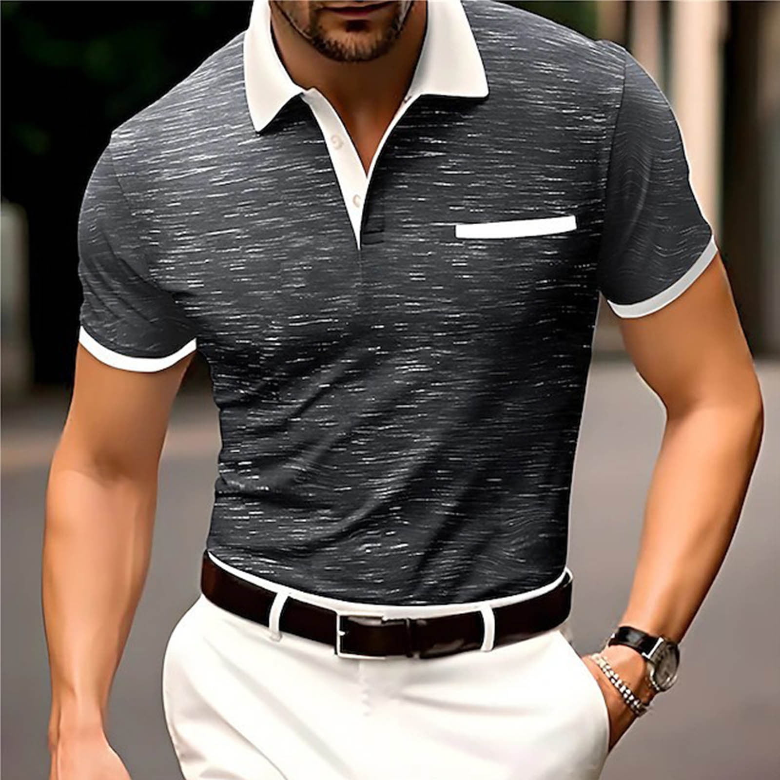 Shirts for Men Short Sleeve Turndown Collar Button Versatile Polo T ...