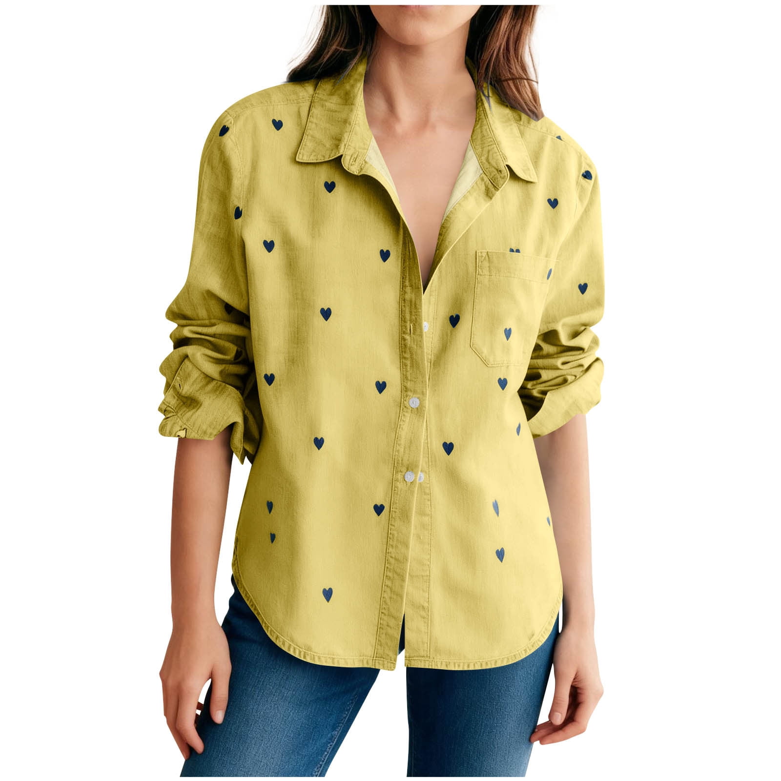Shirts for Women Cotton Linen Blend Heart Print Button Down Shirt All ...