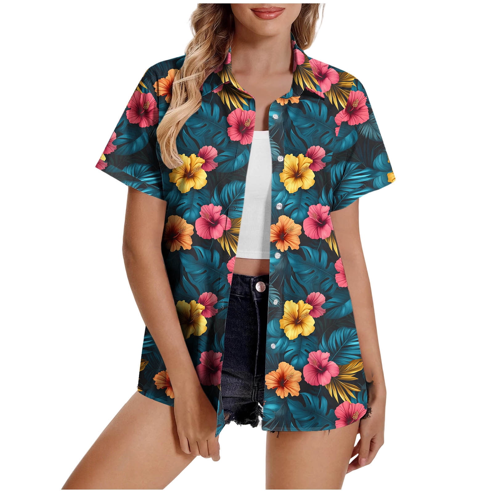 Shirts for Women,Hawaiian Shirts for Women Summer Button Up Short ...
