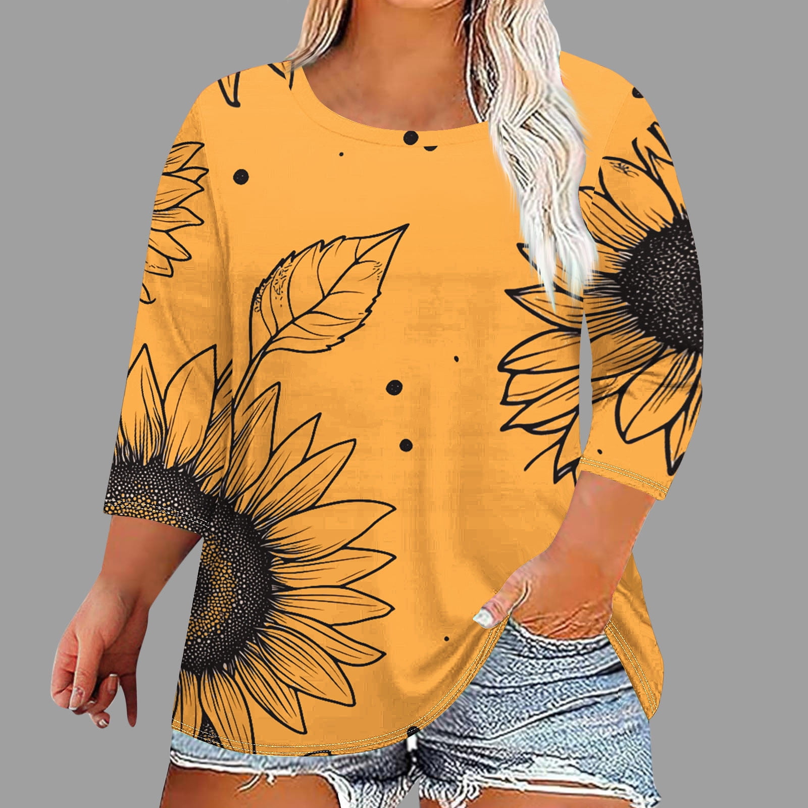 Shirts for Women Plus Size 3/4 Sleeve Round Neck Casual Floral Print T ...