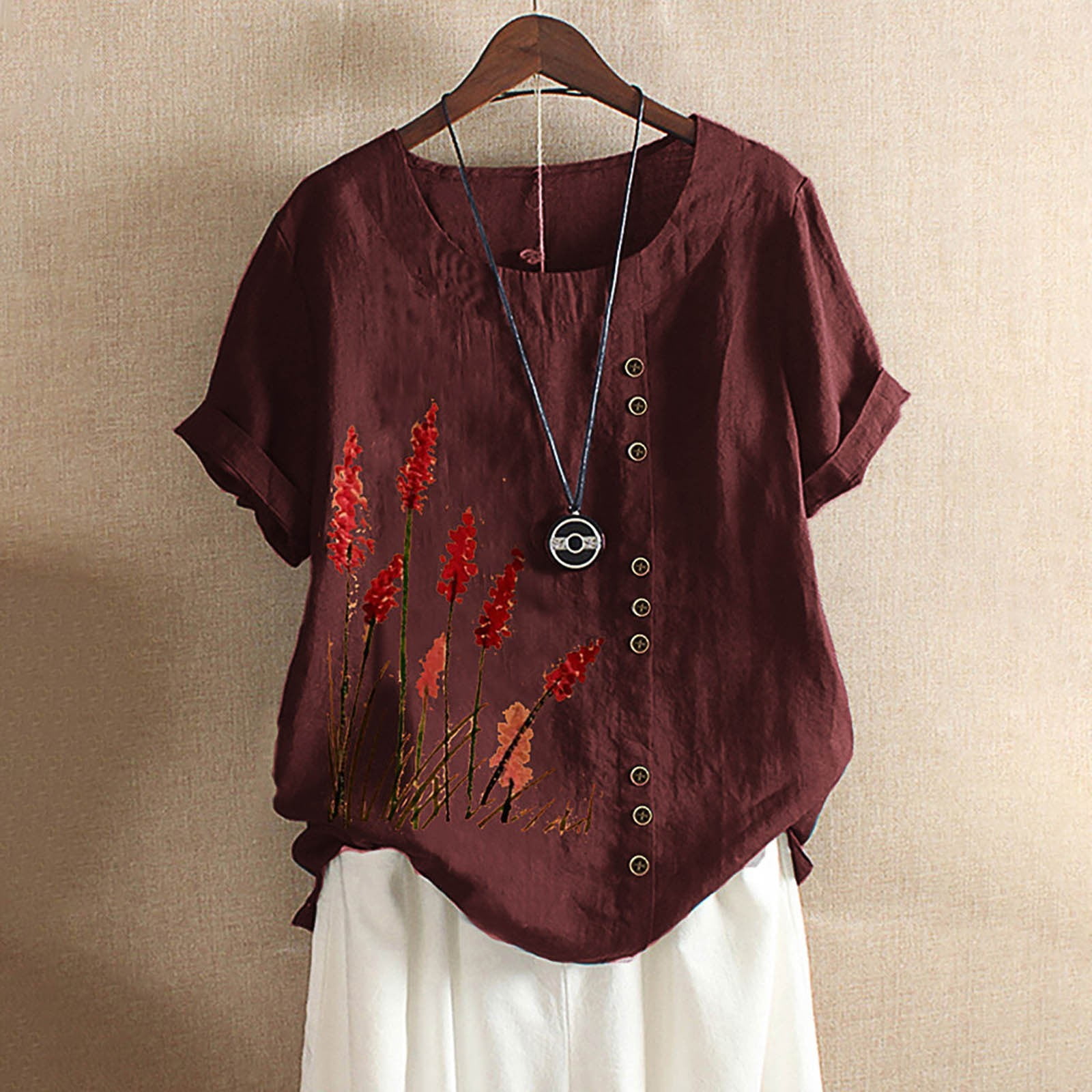Shirts For Women Plus Size Short Sleeve Round Neck Flower Printing