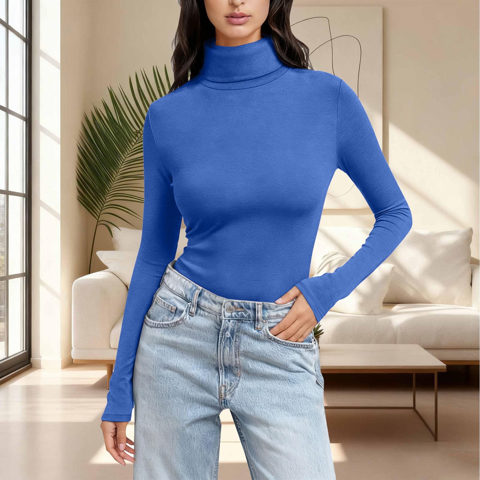 Shirts for Women Women's Solid Color High Neck Regular Long Sleeve ...