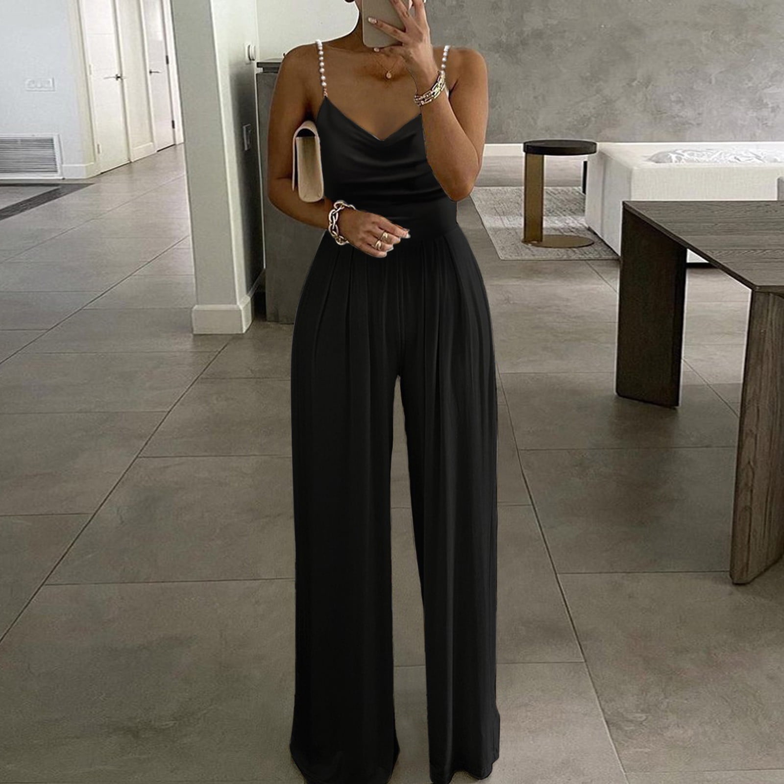 Shiusina Women Sexy Soild Pearl Sling Top Wide Leg Pants Jumpsuit ...
