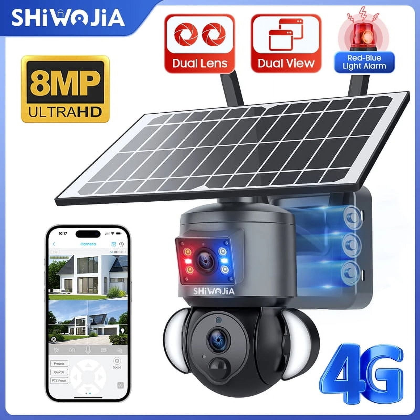 Shiwojia 4K 8MP solar camera 4G SIM/WiFi Security outdoor dual lens ...