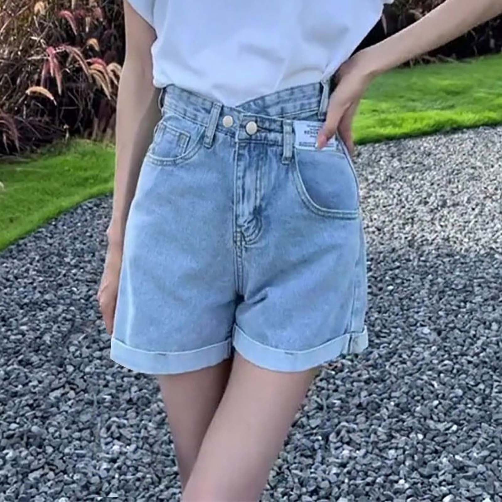 Shiyifun Womens Fashion Solid Color High-Waisted Denim Short Pants with ...