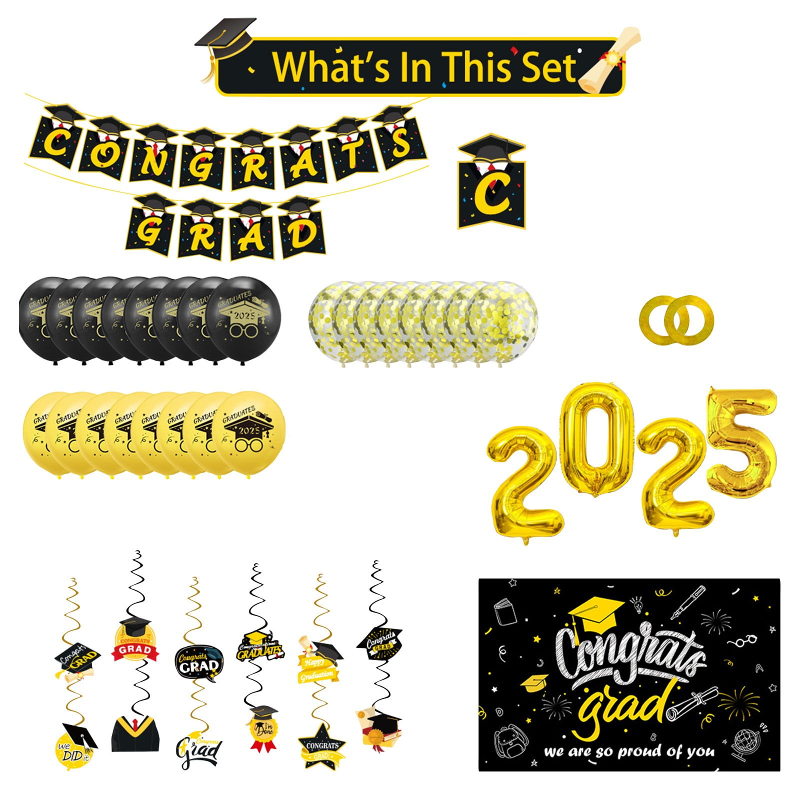 Shkhoas 2025 Congrats Grad Banner Gold Foil Letters on Black Graduation ...