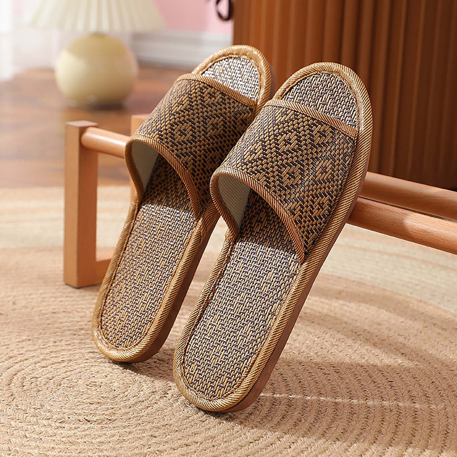 Shkhoas Men & Women's Summer Bamboo Woven Slippers - Anti-Slip Straw ...