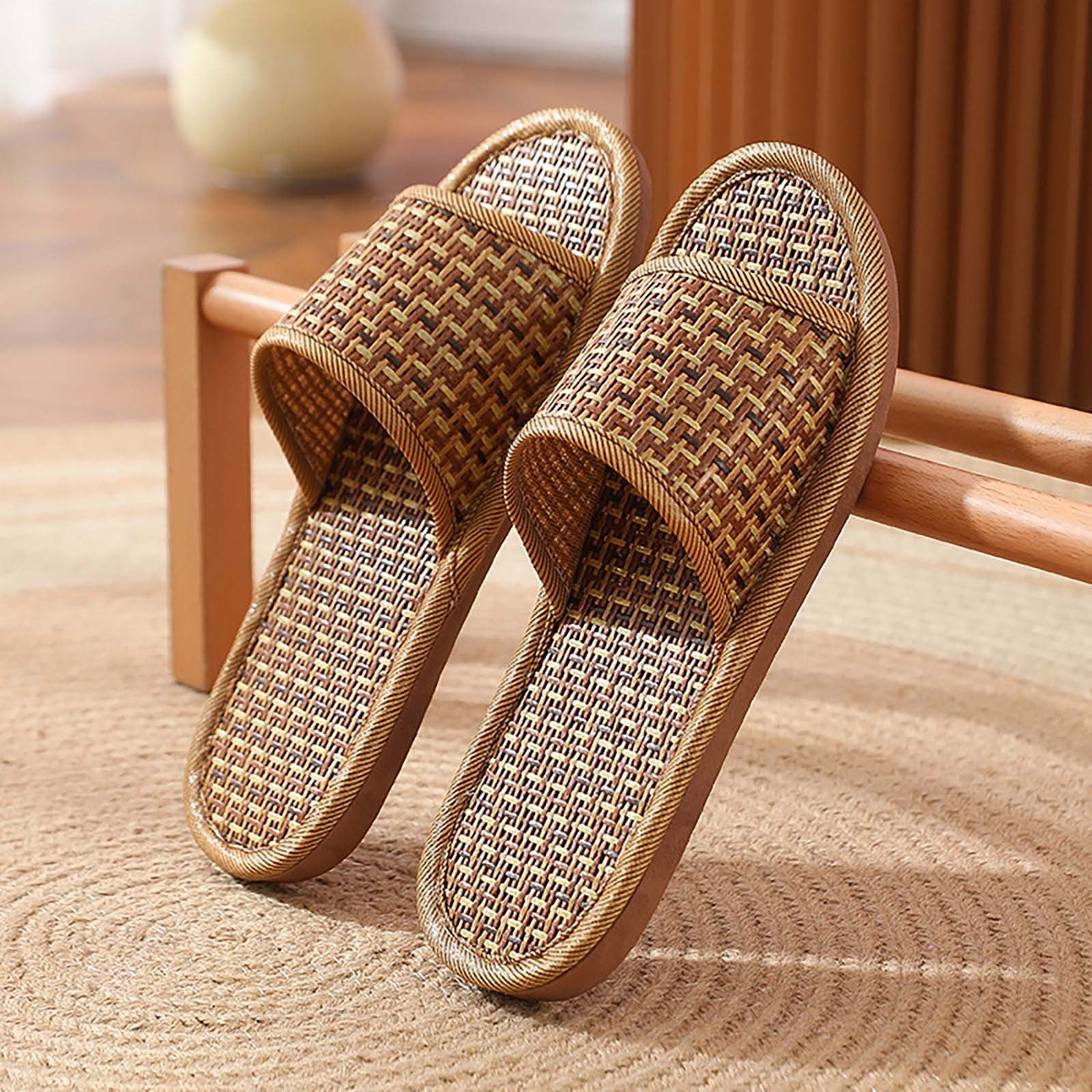 Shkhoas Men & Women's Summer Bamboo Woven Straw Slippers - Anti-Slip ...
