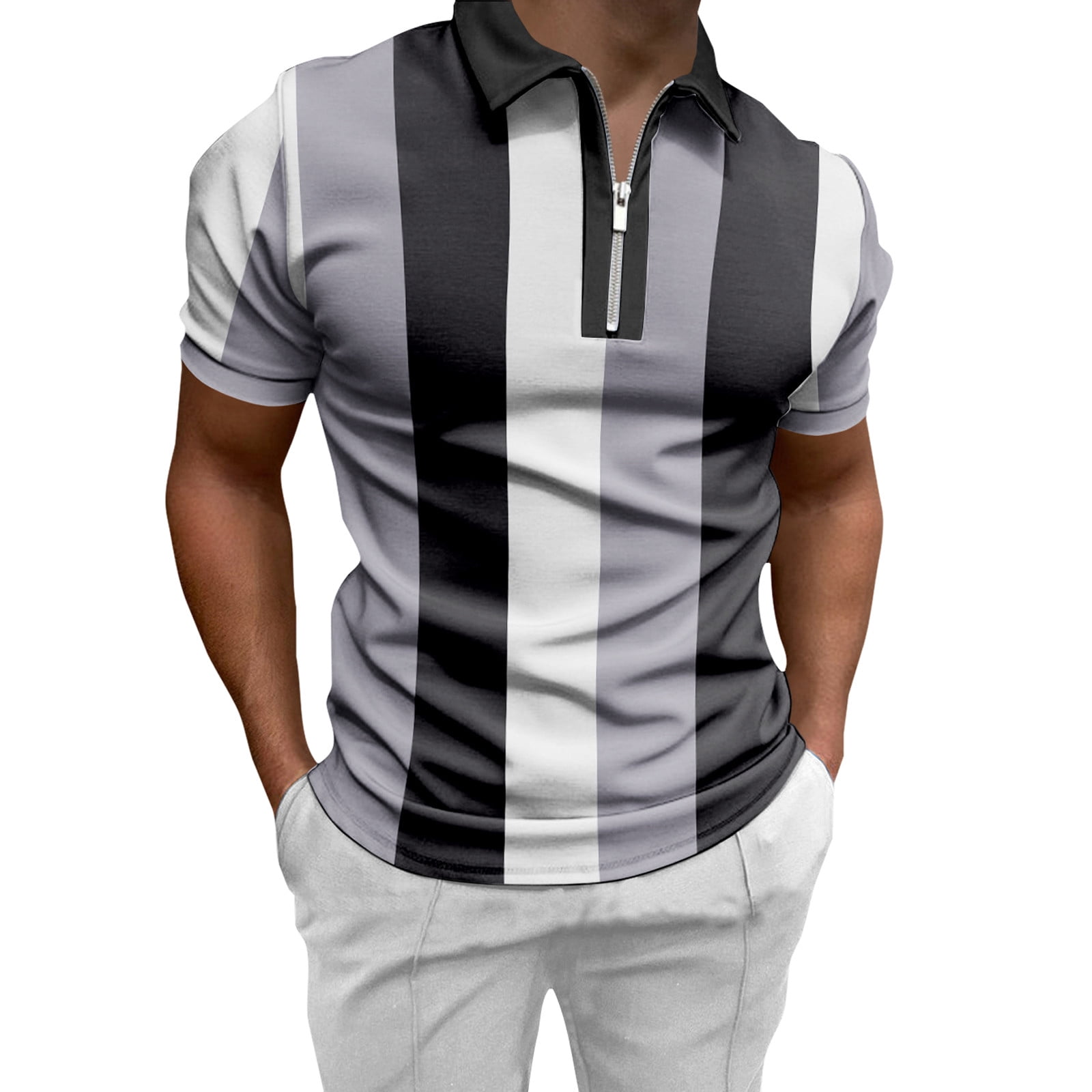 Shkhoas Men's 2025 Summer Polo Shirts Zipper Short Sleeve Shirt Striped ...