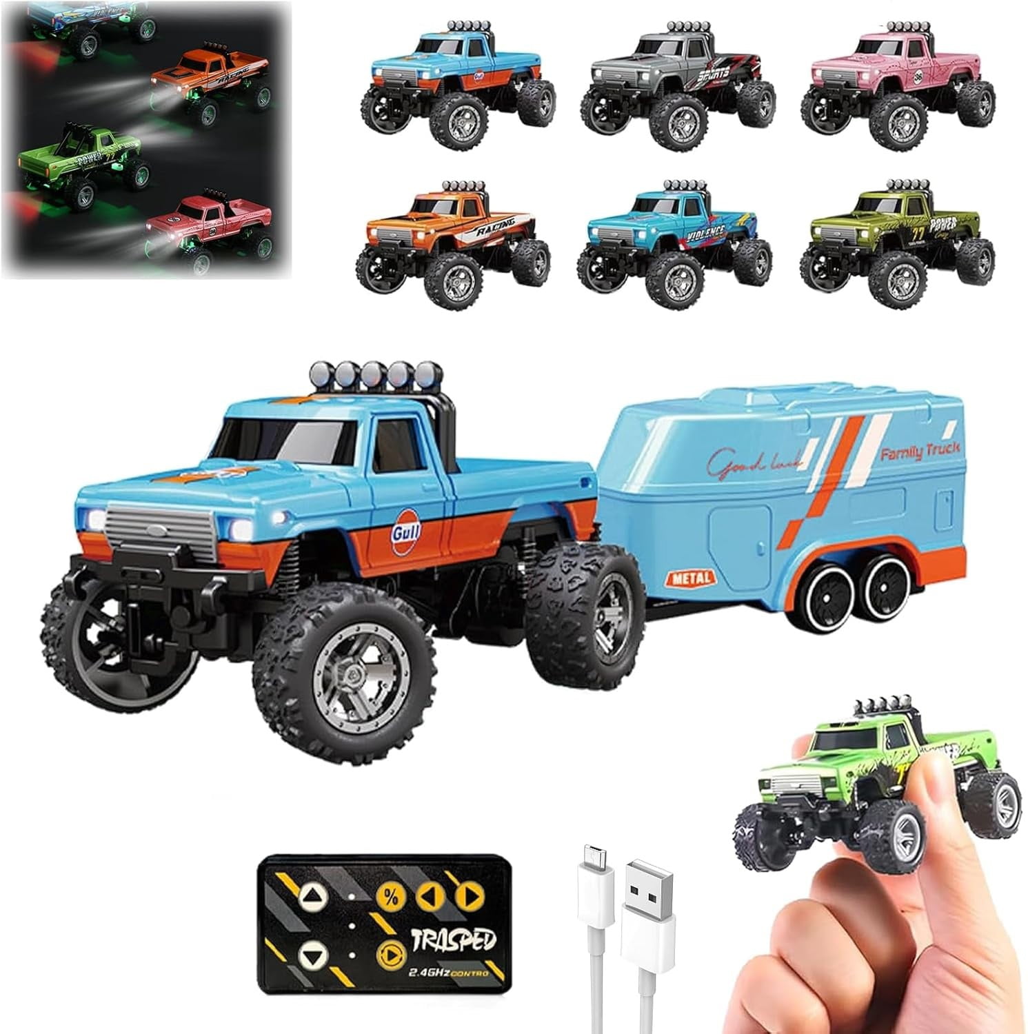 Shkhoas Mini RC Monster Truck Mini RC Monster Truck USBC Rechargeable Underflow with Trailer 1: ...