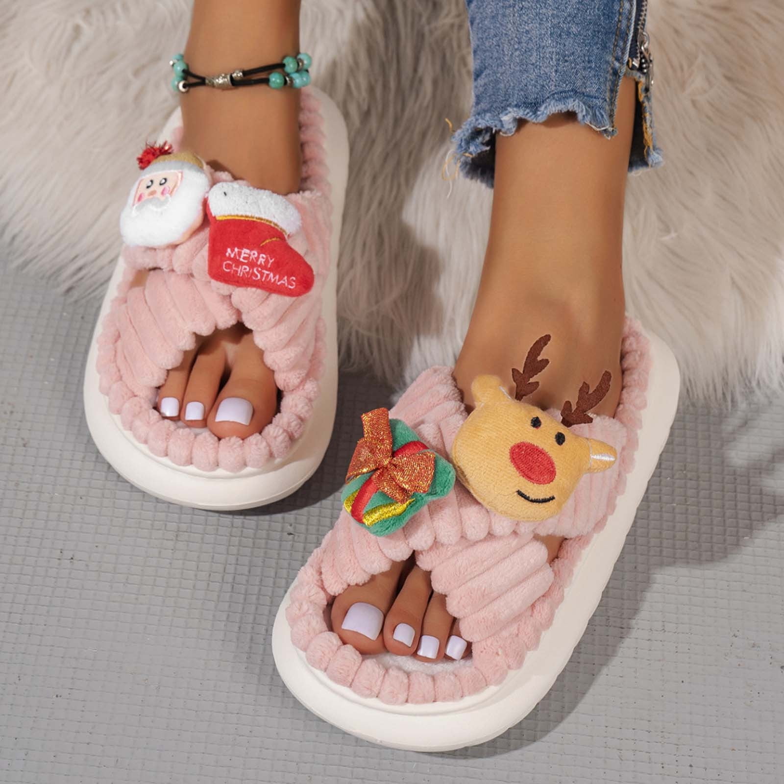 Shldybc Christmas Christmas Slippers for Women Cute Fuzzy Reindeer ...