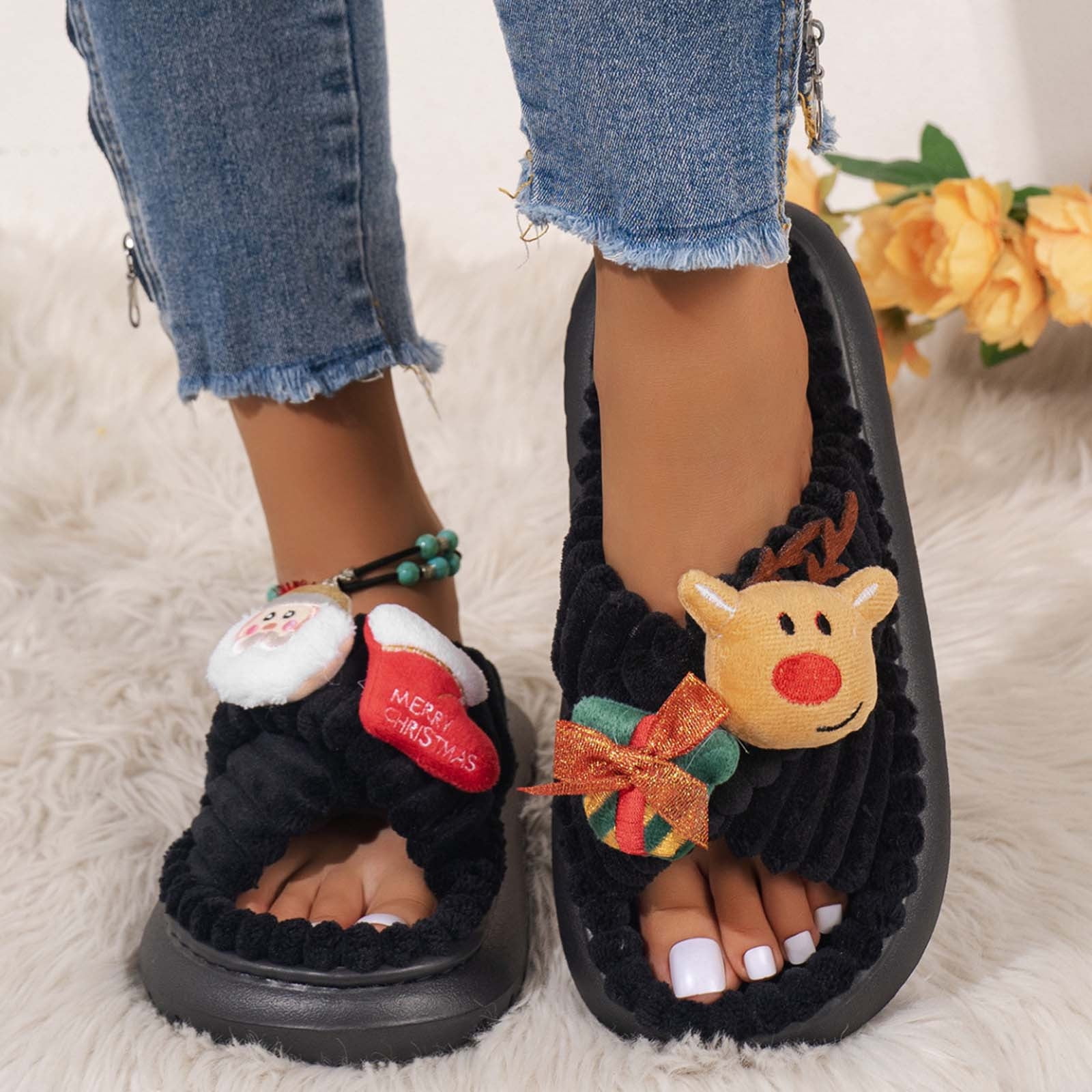 Shldybc Christmas Christmas Slippers for Women Cute Fuzzy Reindeer ...