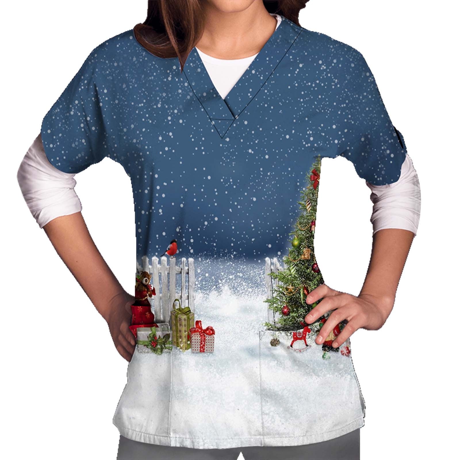 Shldybc Christmas Womens Nursing Scrub Tops Working Uniform Short ...