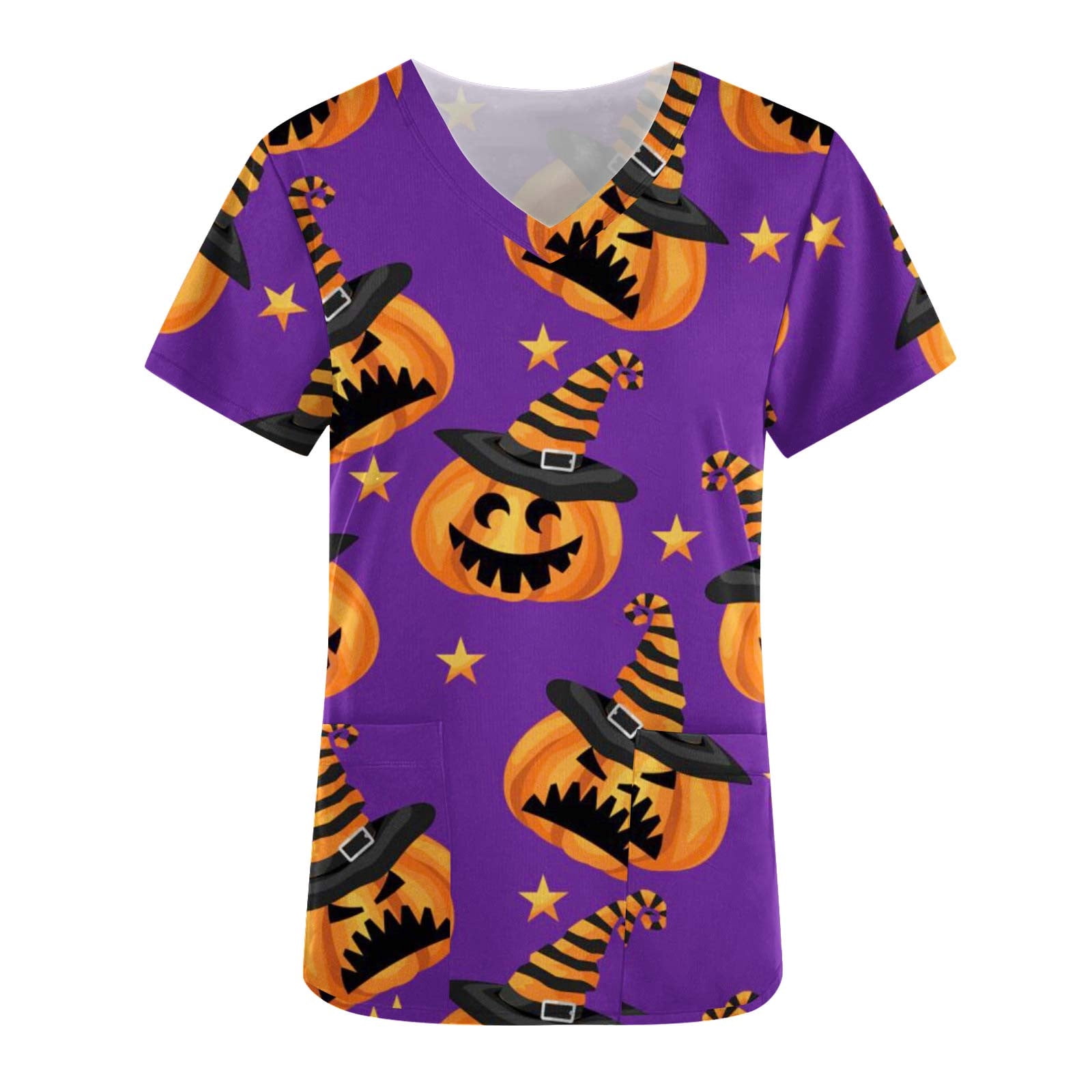 Shldybc Halloween Women's Printed Scrub Tops Working Uniform Short ...