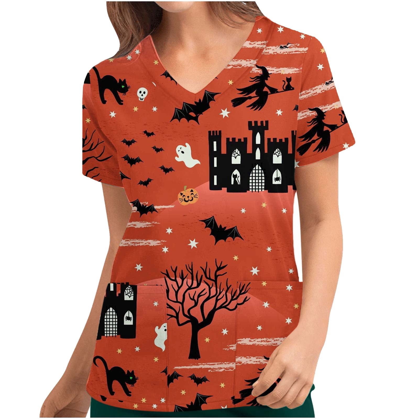 Shldybc Halloween Women's Printed Scrub Tops Working Uniform Short ...