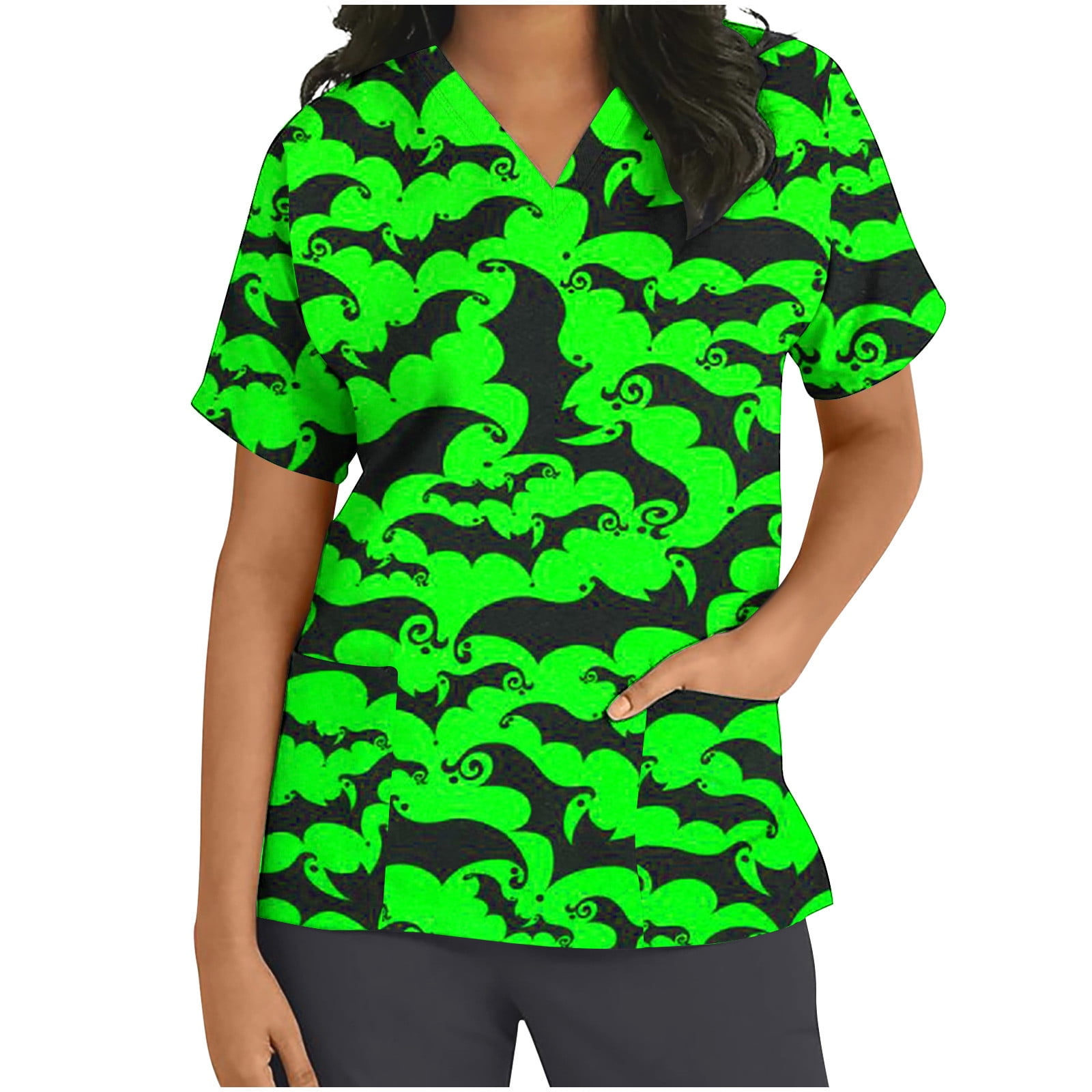 Shldybc Halloween Women's Printed Scrub Tops Working Uniform Short ...