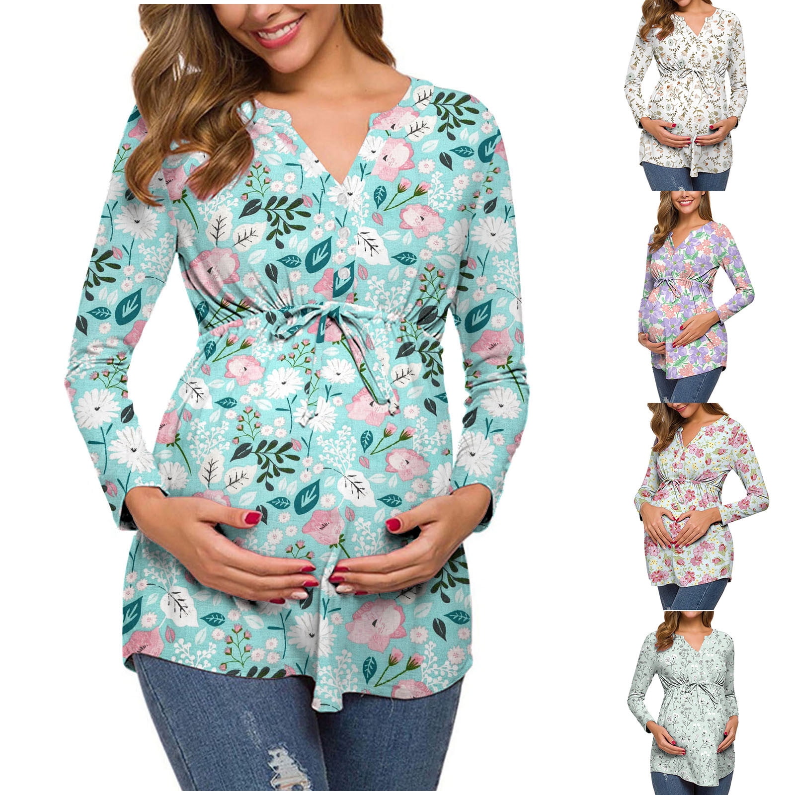 Shldybc Ladies Fashion Flowers Leaf Print Long Sleeve Waistband ...