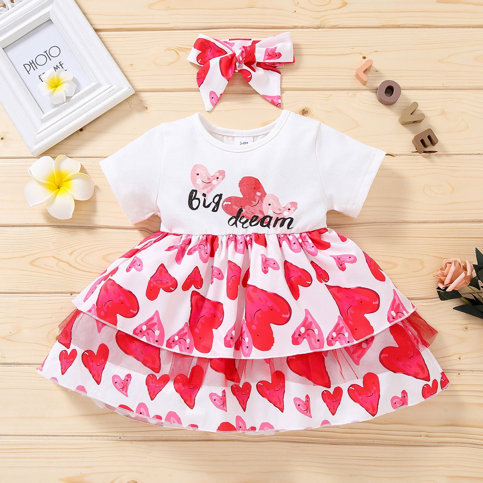 Shldybc Newborn Baby Girls Valentine's Day Heart Print Romper Dress Short Sleeve Bubble Tulle ...