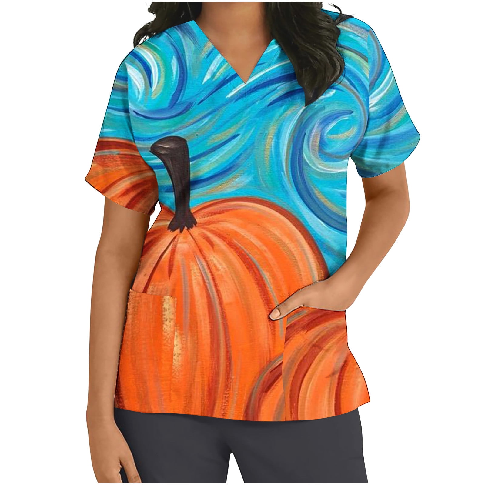 Shldybc Scrubs for Women Halloween Tops Skeleton Pumpkin Tops Blouse ...