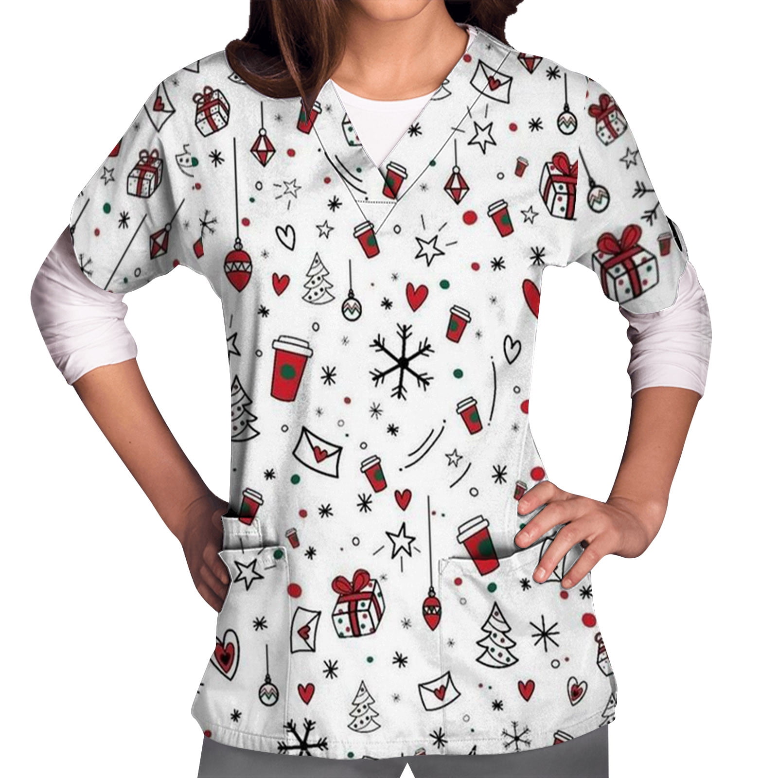 Shldybc White Women's Christmas Scrubs Tops Costume V-Neck Short Sleeve ...