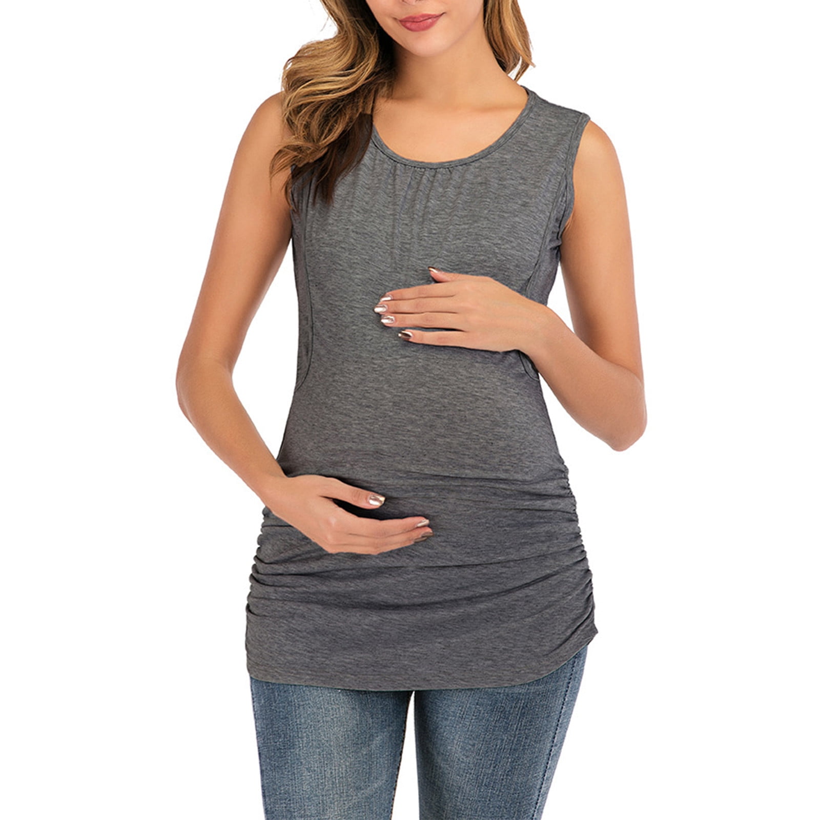 Shldybc Woman Round Neck Sleeveless Vest Solid Color Maternity ...