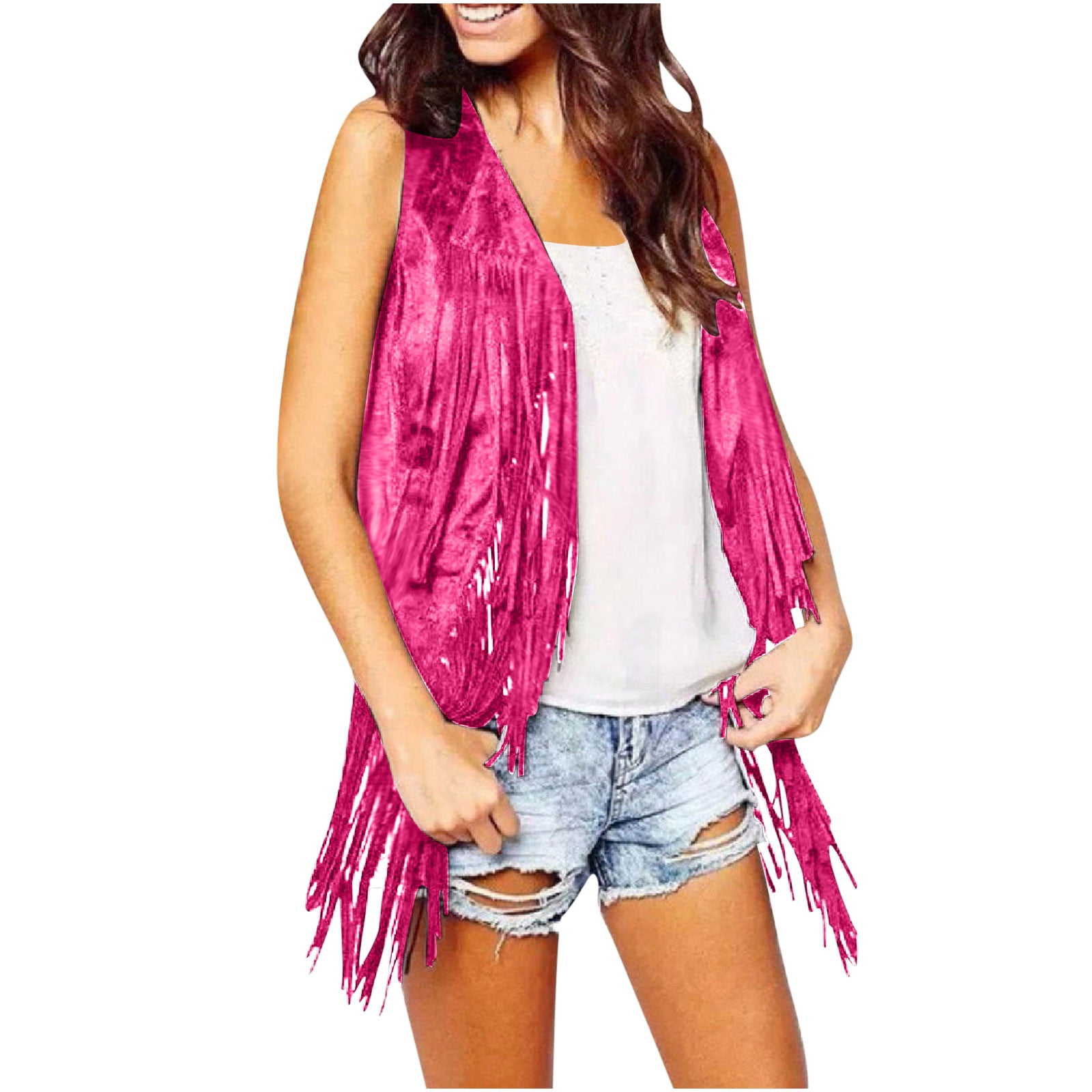 Shldybc Women Fringe Vests Faux Suede Tassels 70s Hippie Clothes Open ...