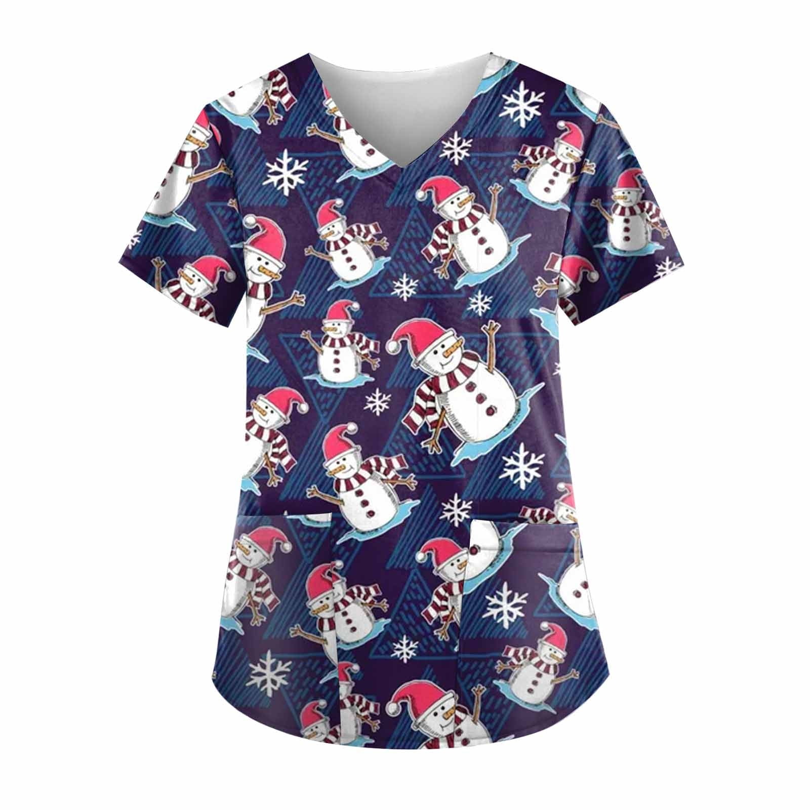 Shldybc Women Scrub Tops Mock Wrap Top Holiday Christmas Print Neck ...