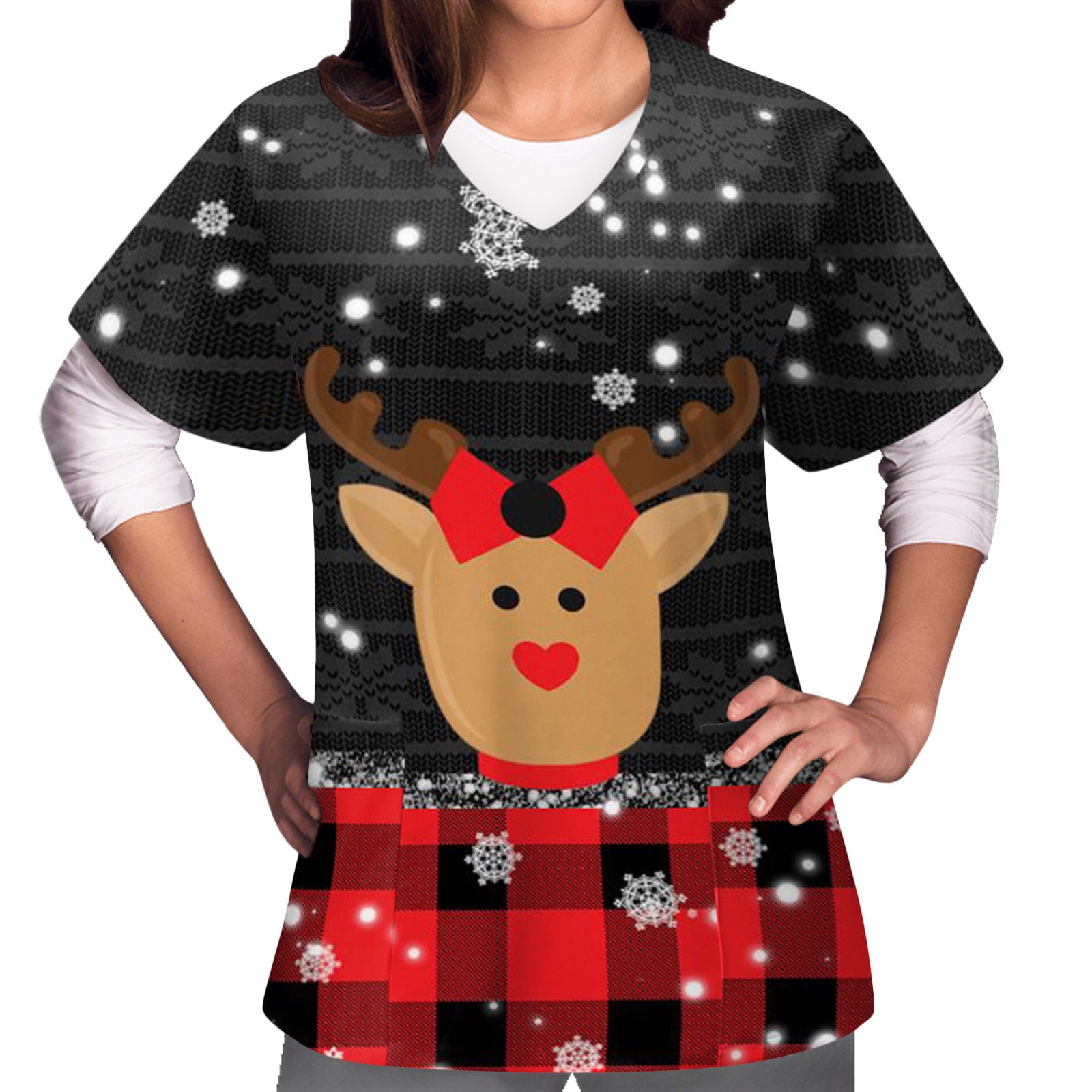 Shldybc Women's Christmas Scrubs Tops Costume V-Neck Short Sleeve ...