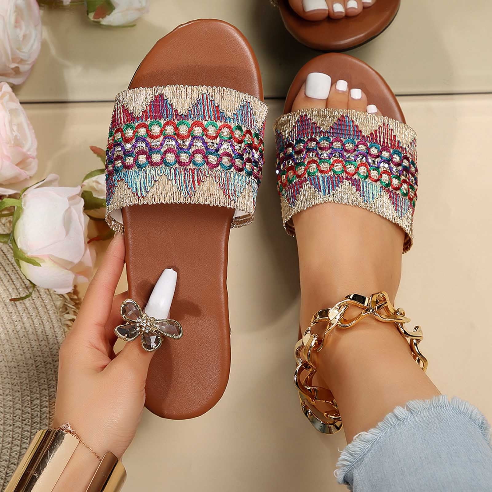 Shldybc Women's Flat Sandals Open Toe Slide Sandals Holiday Slippers ...