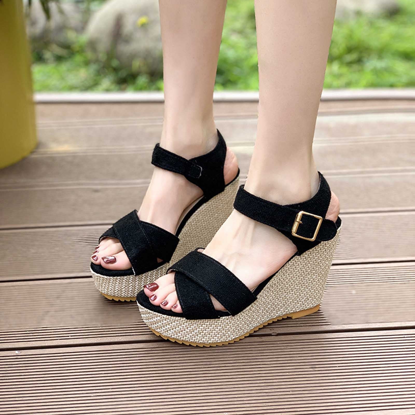 Shldybc Women's Open Toe Buckle Ankle Strap Flatform Wedge Casual ...