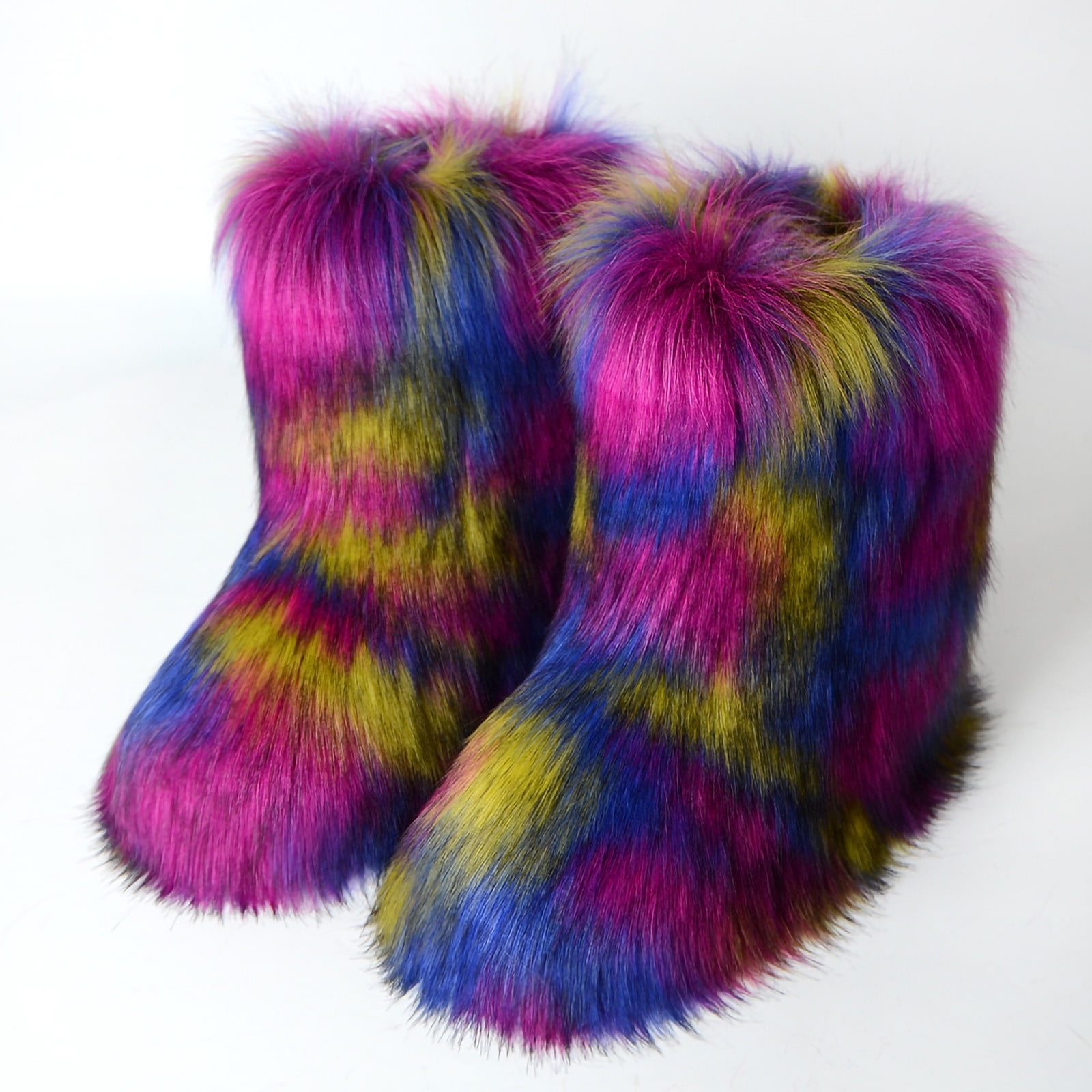 Shldybc Women's Winter Faux Fur Boots Round Toe Warm Fuzzy Furry Snow ...
