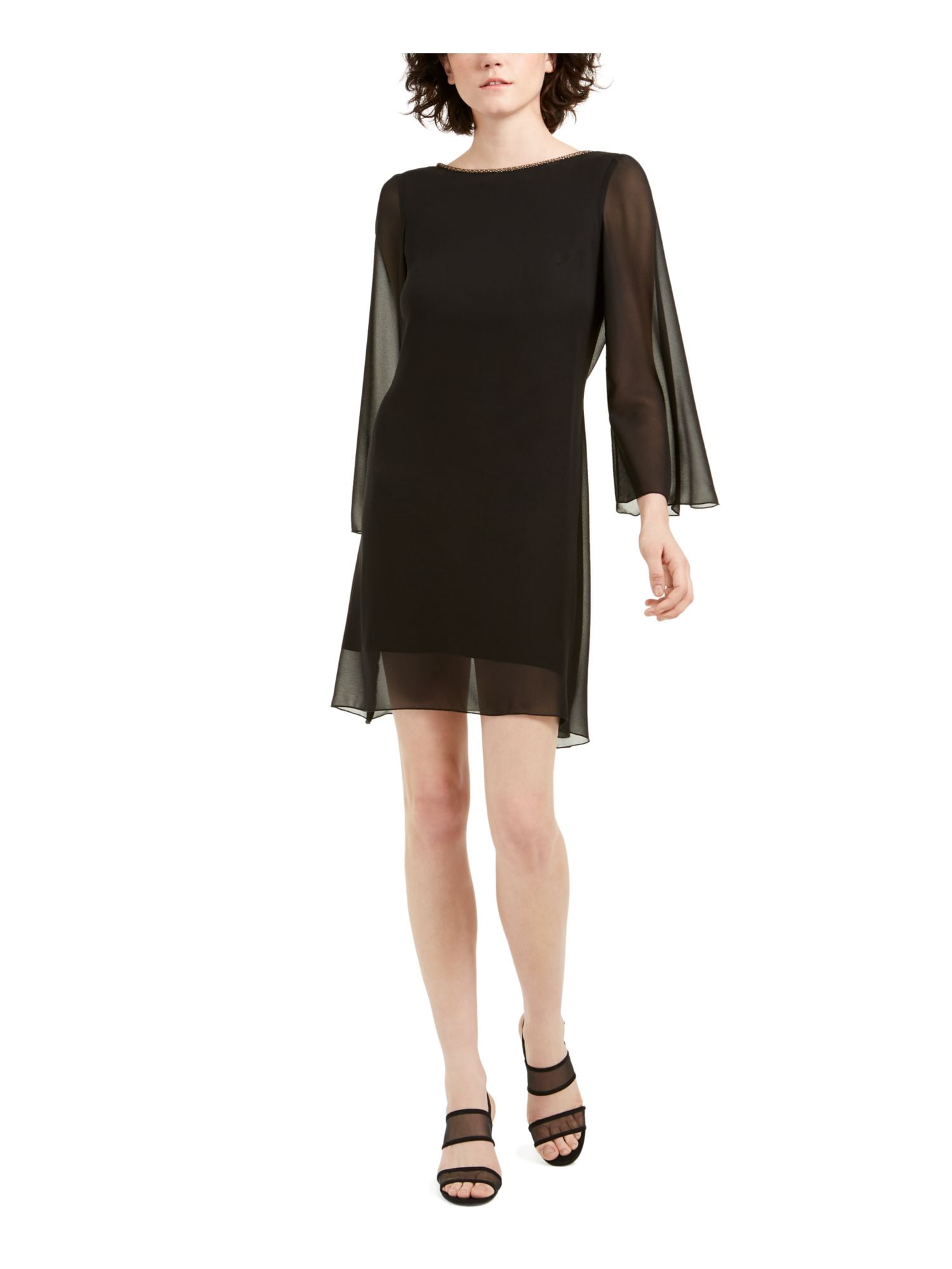 Sho Womens Black Embellished Sheer Bell Sleeve Jewel Neck Short Evening ...