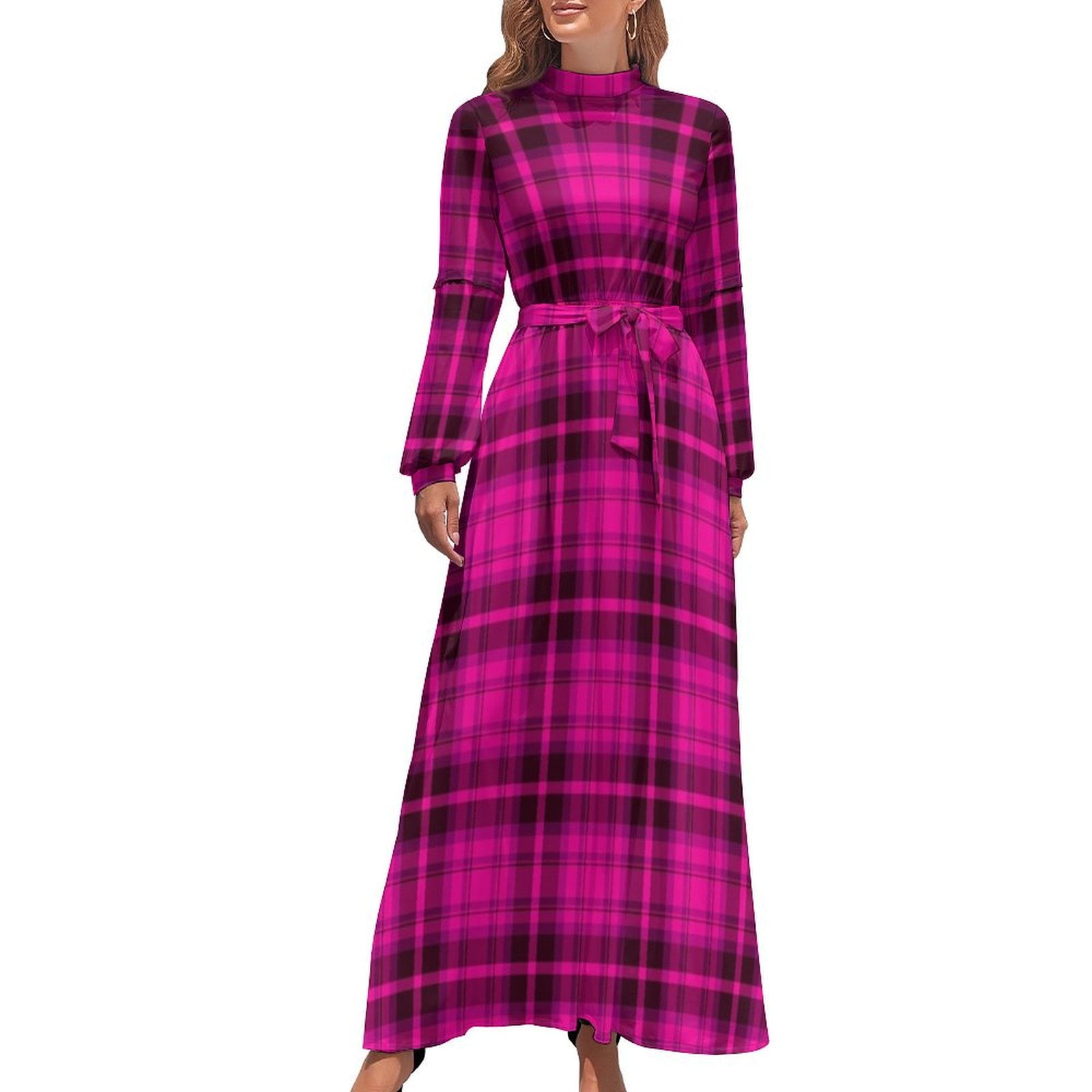 Shocking Pink Tartan Plaid Pattern Long Dress summer dresses ladies ...