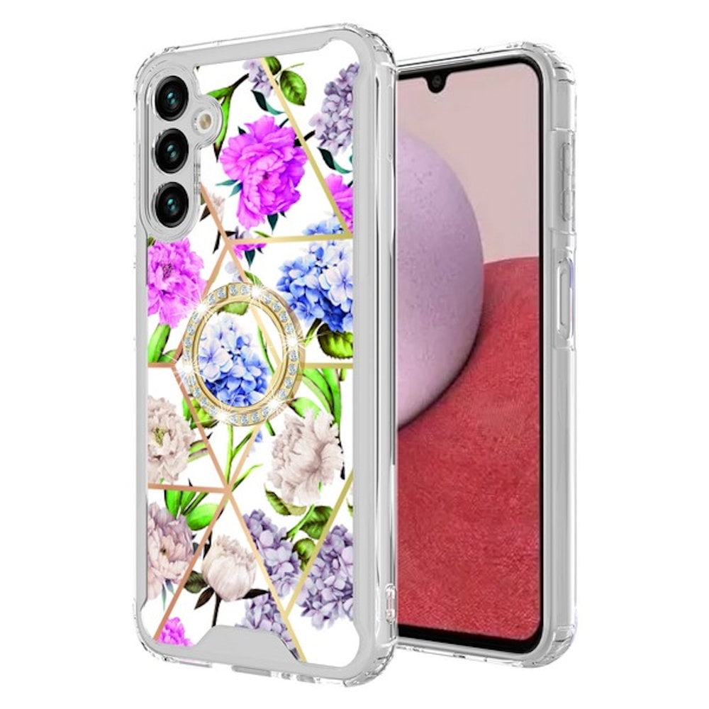 Shockproof Fusion Shield Tough Snap-on Case with Ring Grip for Samsung Galaxy A15 5G - Flower ...