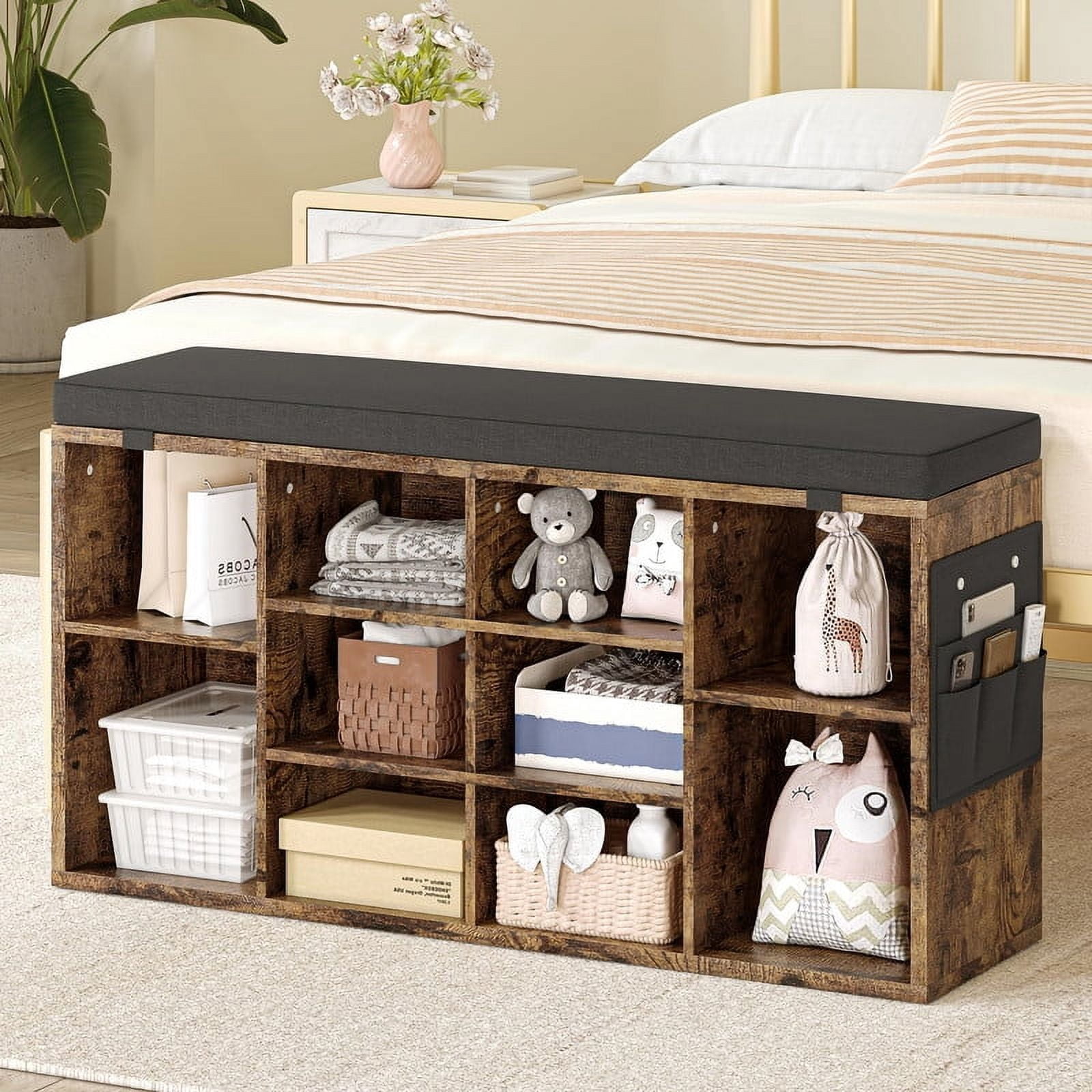 Shoe Bench, 104 Inch Shoe Storage Bench with Cushion and Side Pocket ...
